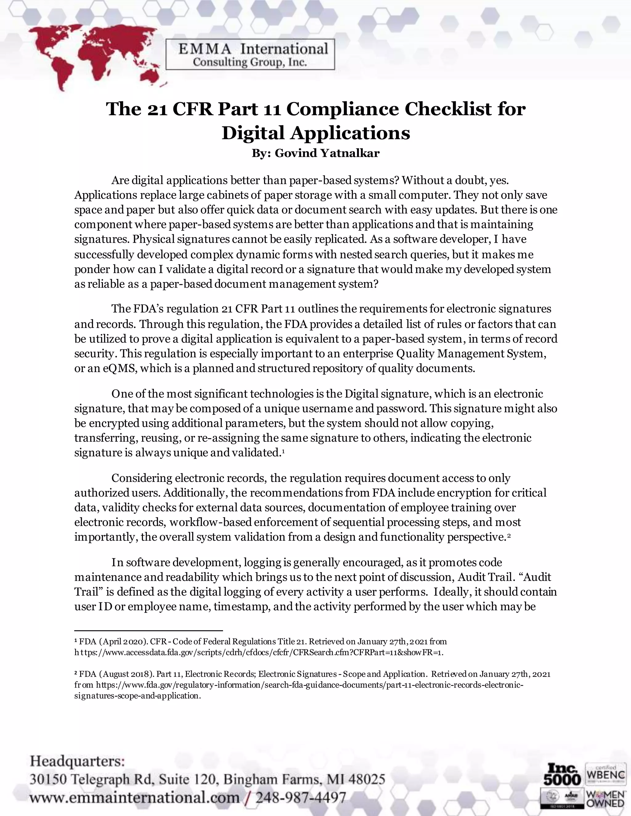 The 21 CFR Part 11 Compliance Checklist for Digital Applications | DOCX