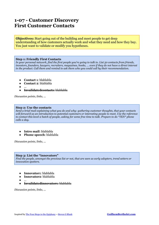 The 4 steps to the epiphany - Customer Discovery template - guilhem ...