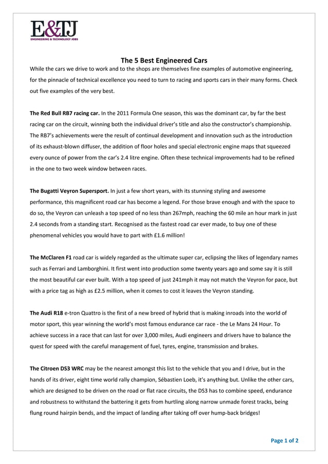 The 5 best engineered cars | PDF