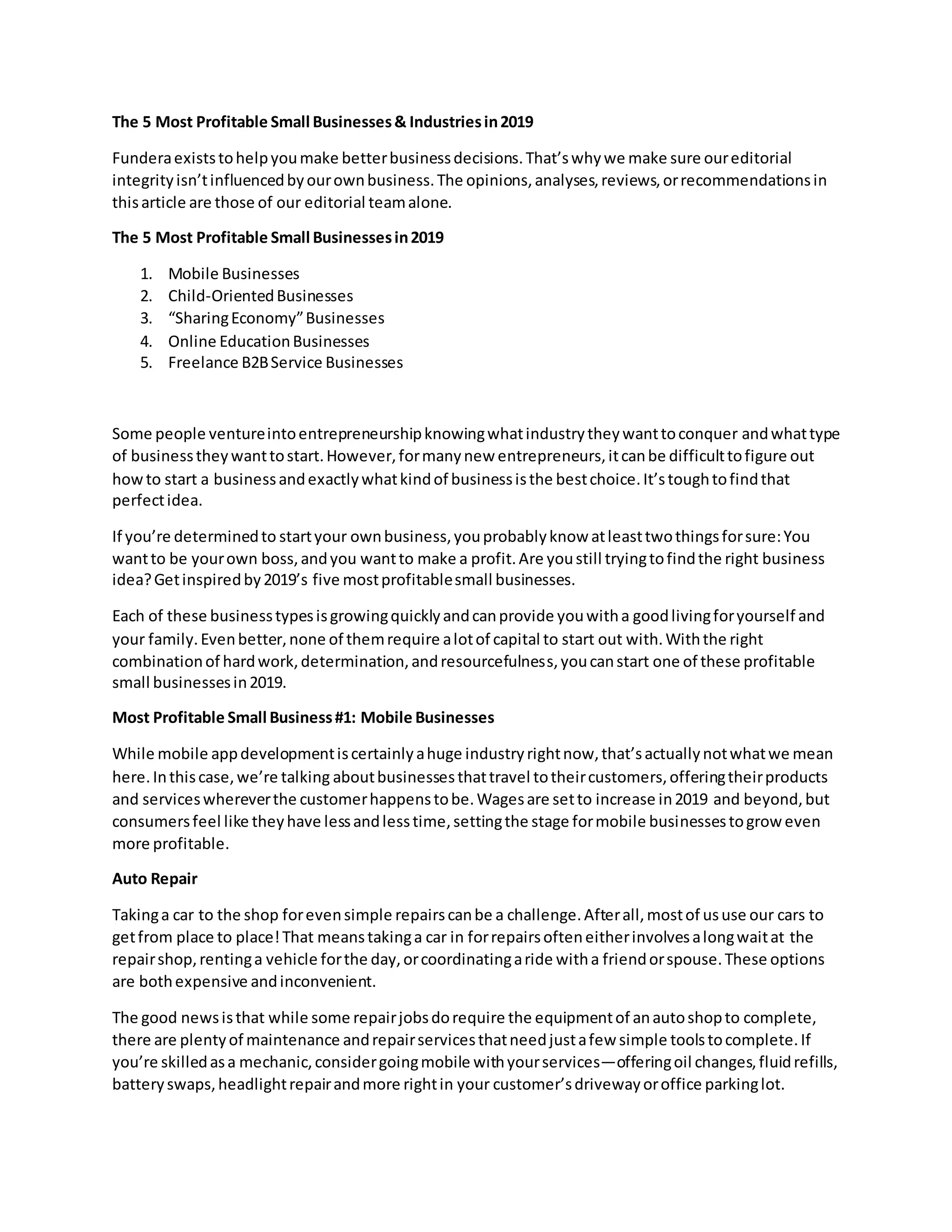 The 5 most profitable small businesses | DOCX