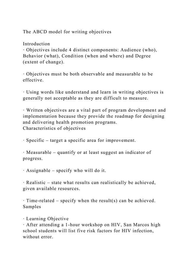 The Abcd Model For Writing Objectivesintroduction· Objectives Docx