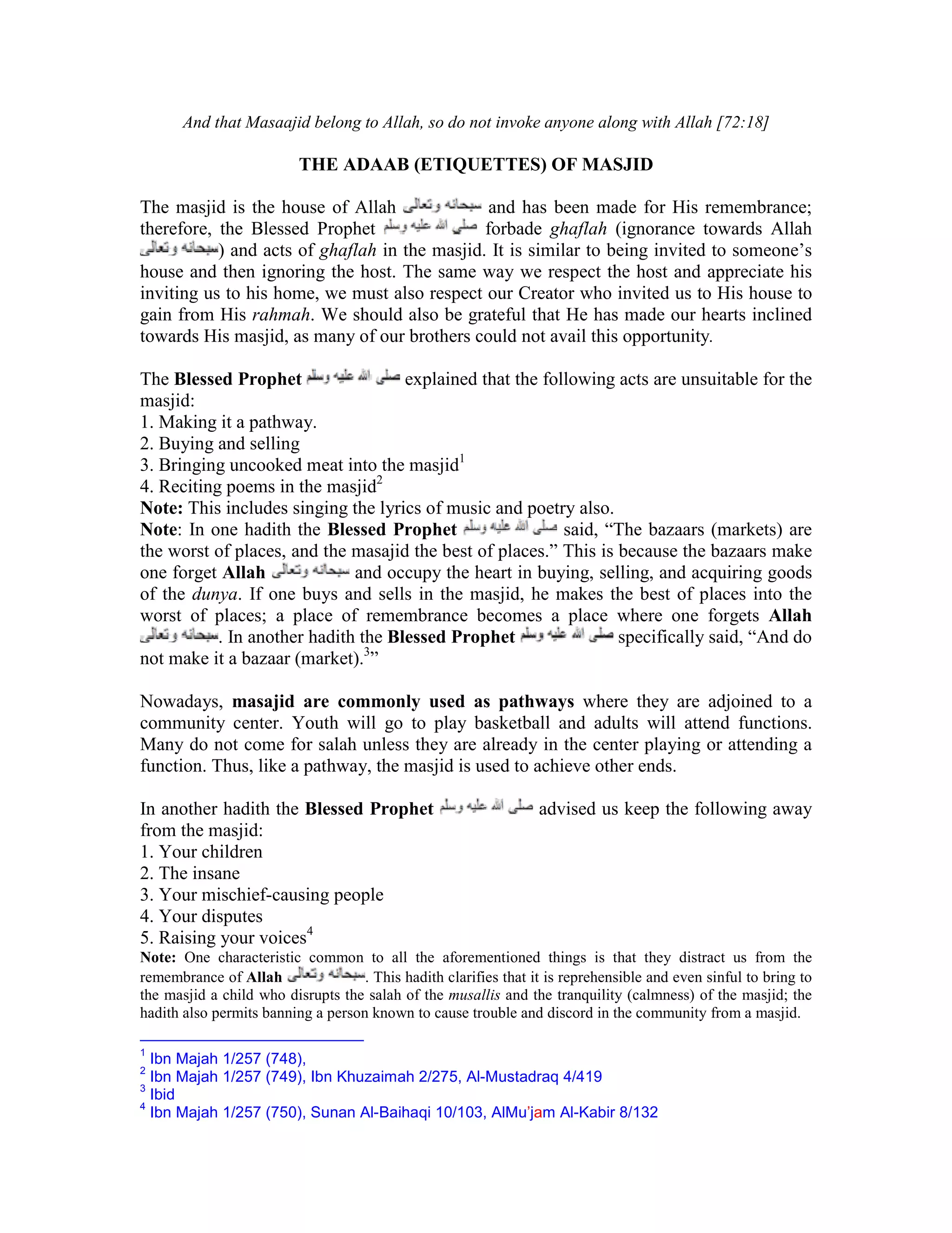 The adaab (etiquettes) of masjid | PDF