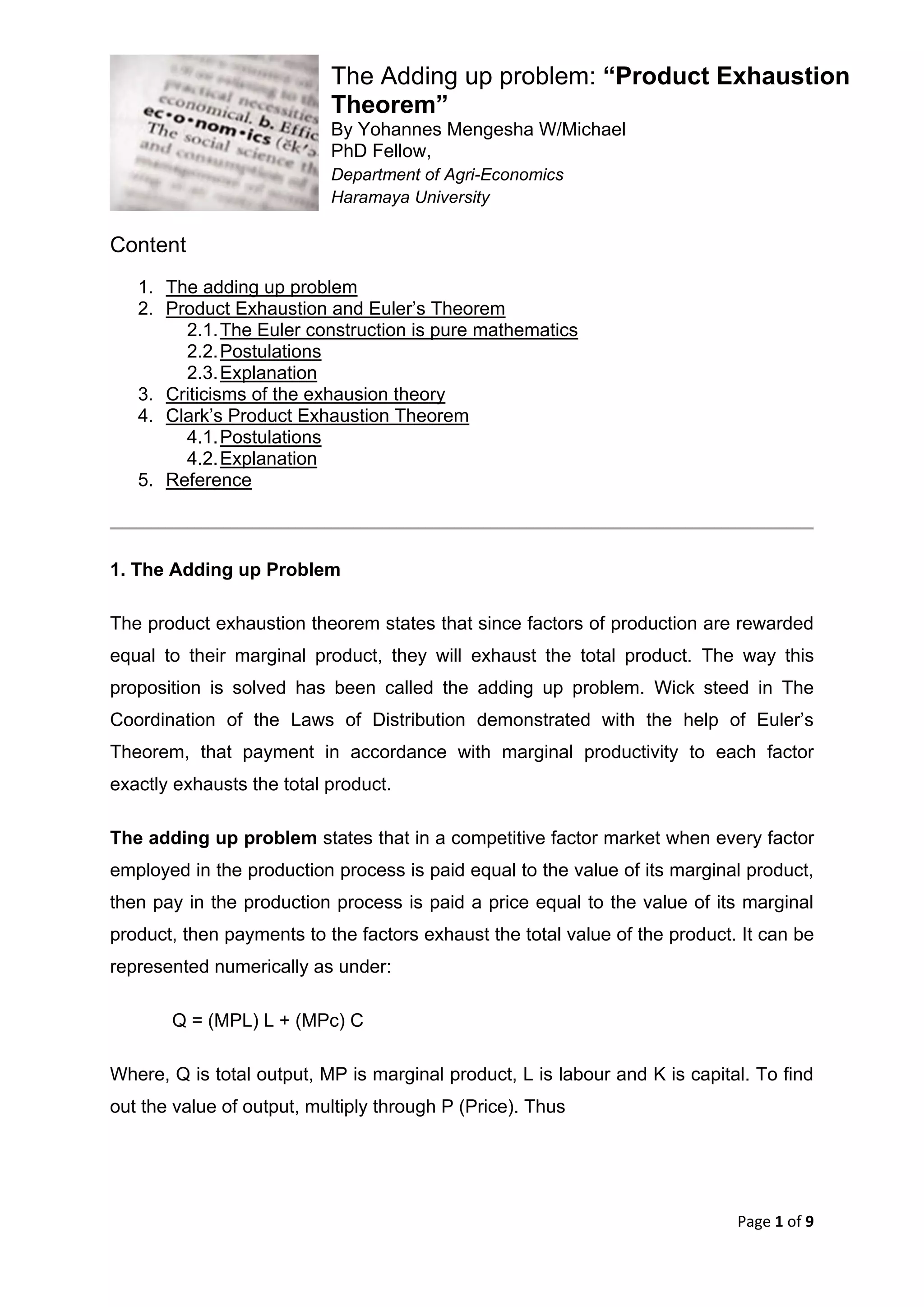 The adding up problem product exhaustion theorem yohannes mengesha | PDF