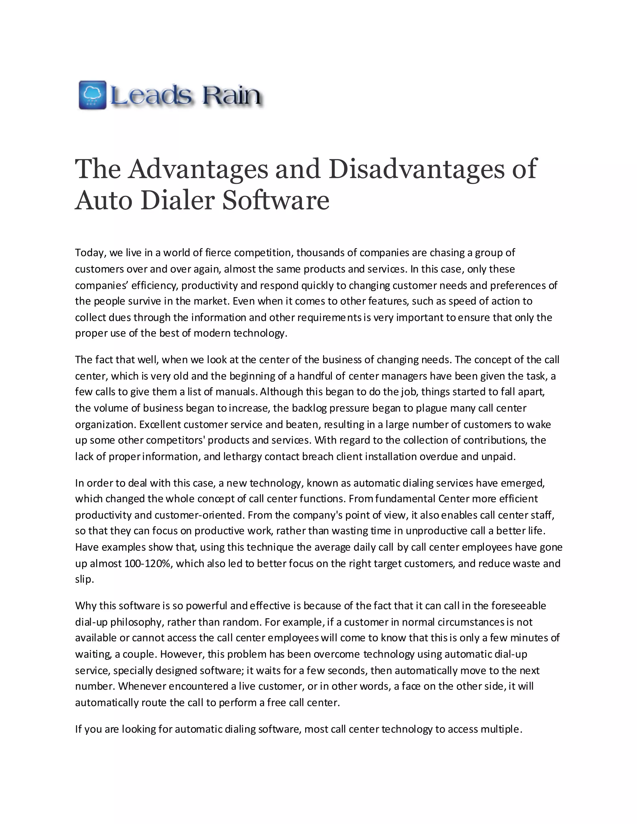 The advantages and disadvantages of auto dialer software | PDF