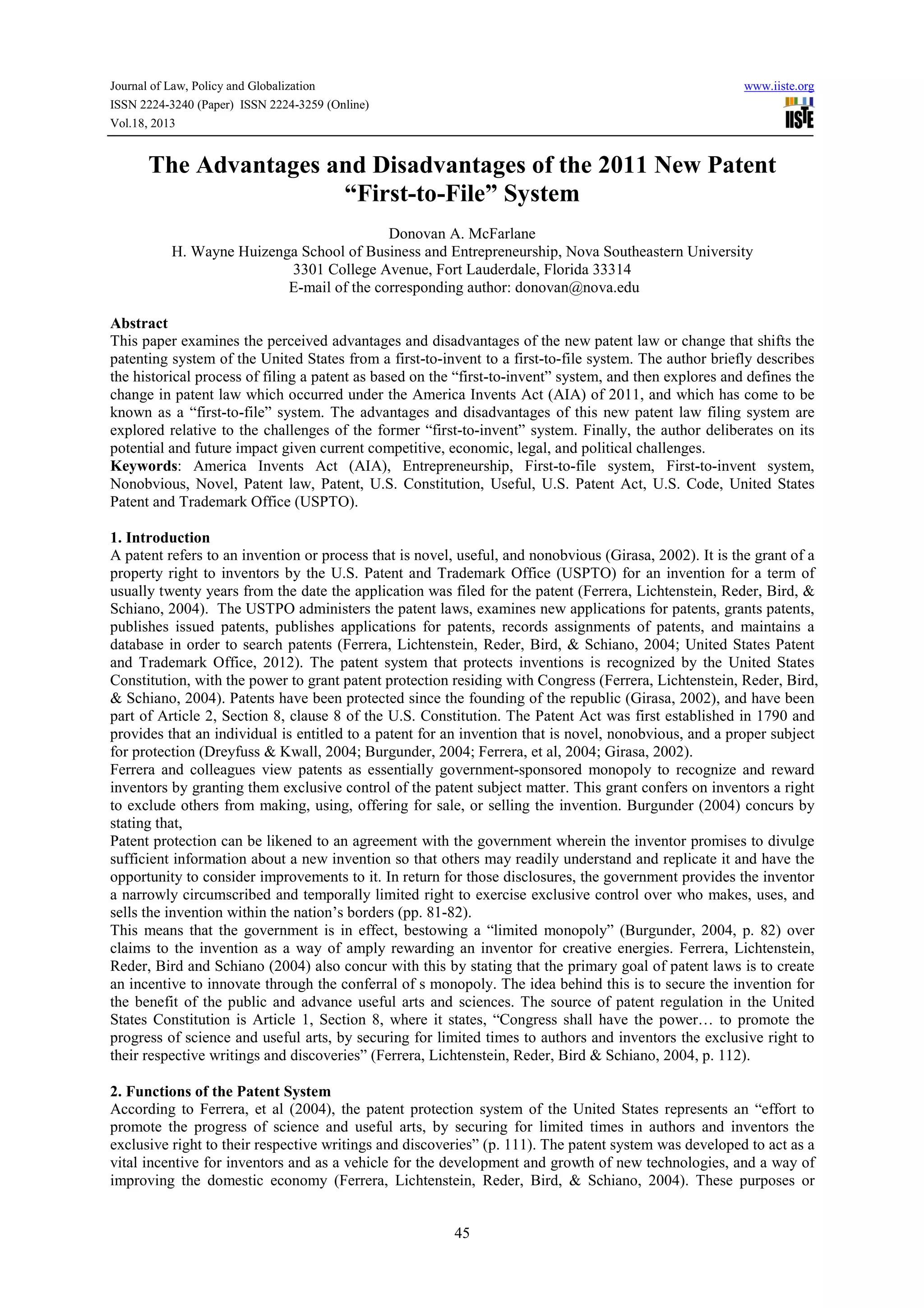 The advantages and disadvantages of the 2011 new patent “first to-file ...