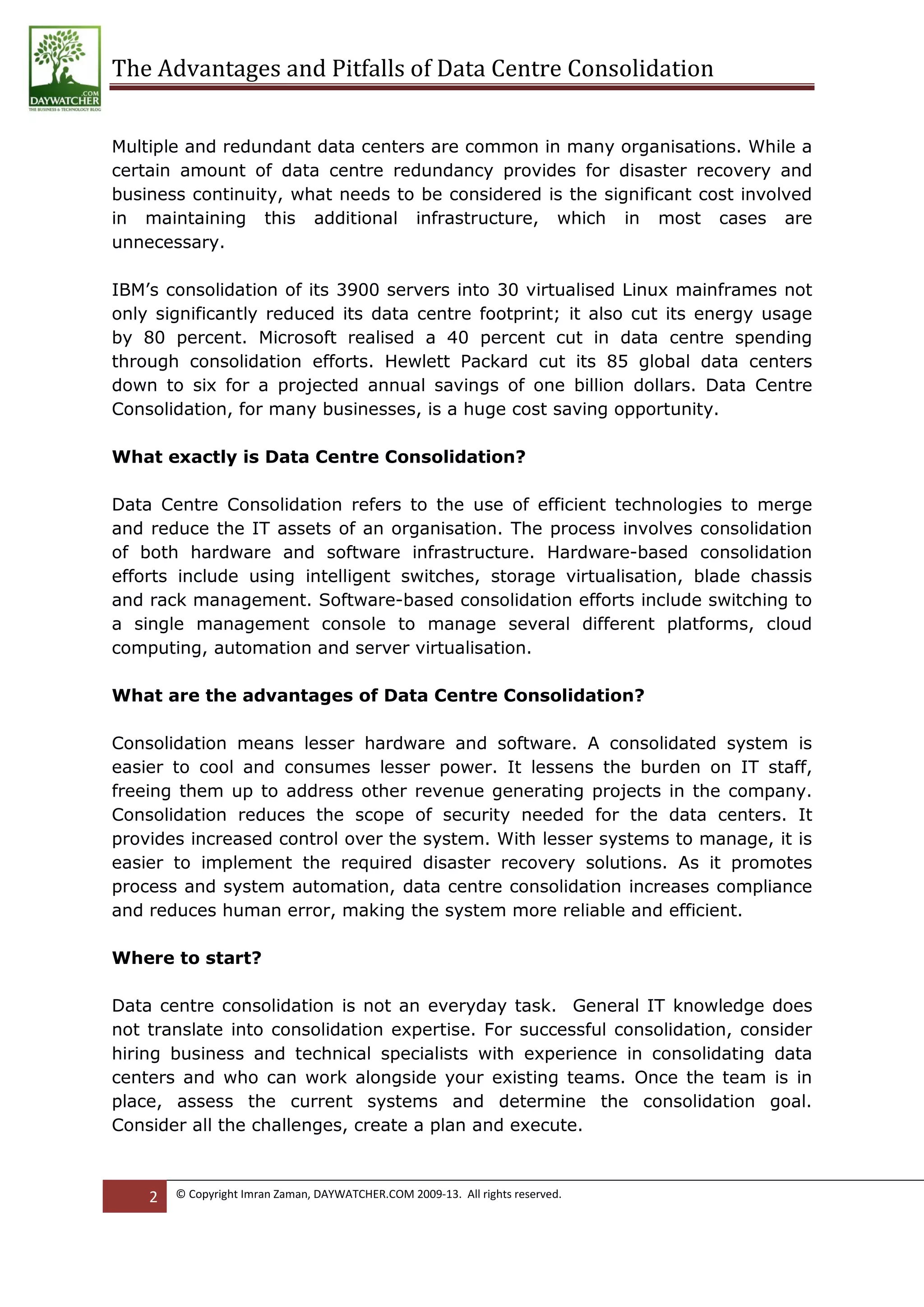 The Advantages and Pitfalls of Data Centre Consolidation | PDF