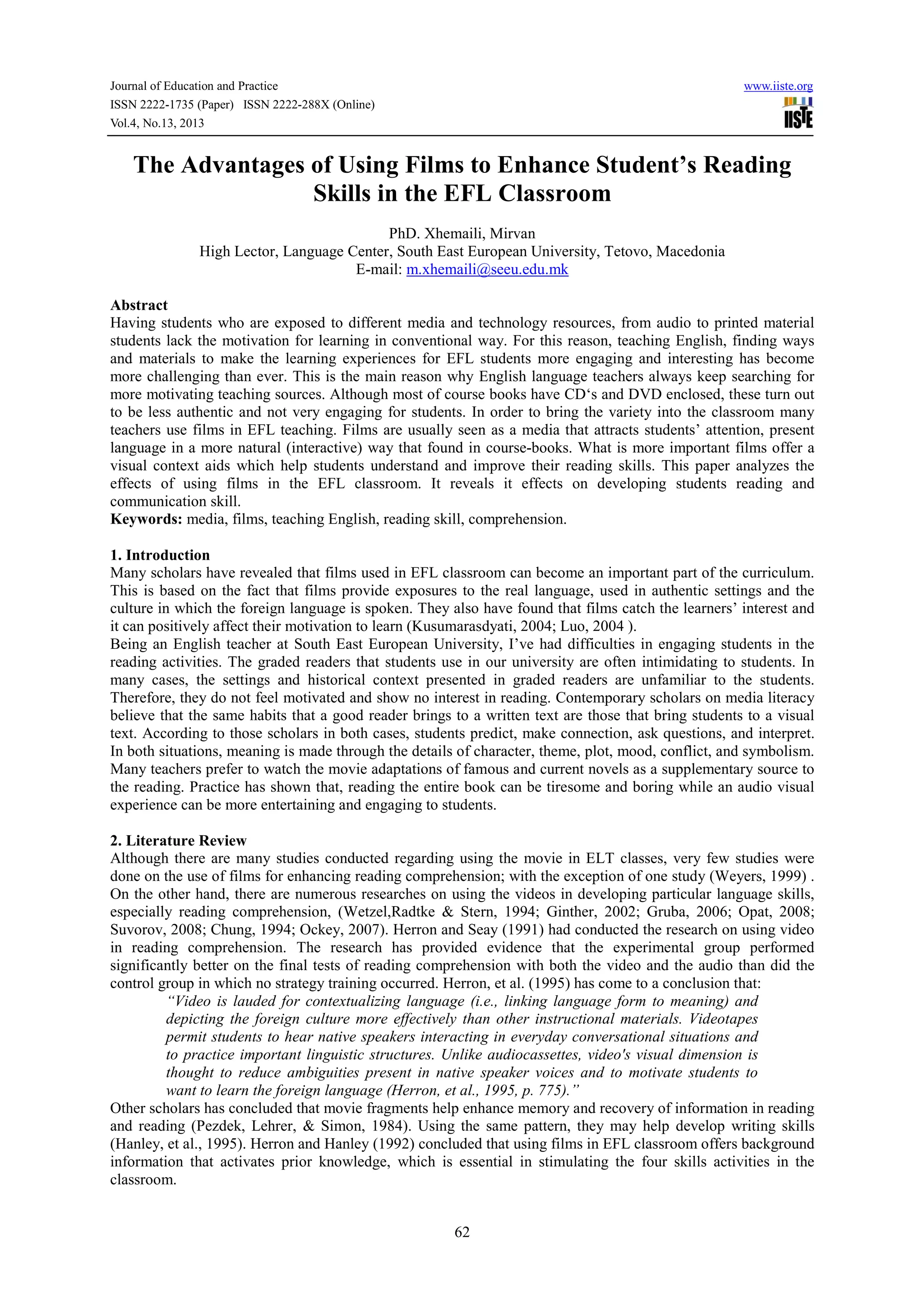 The advantages of using films to enhance student’s reading skills in ...