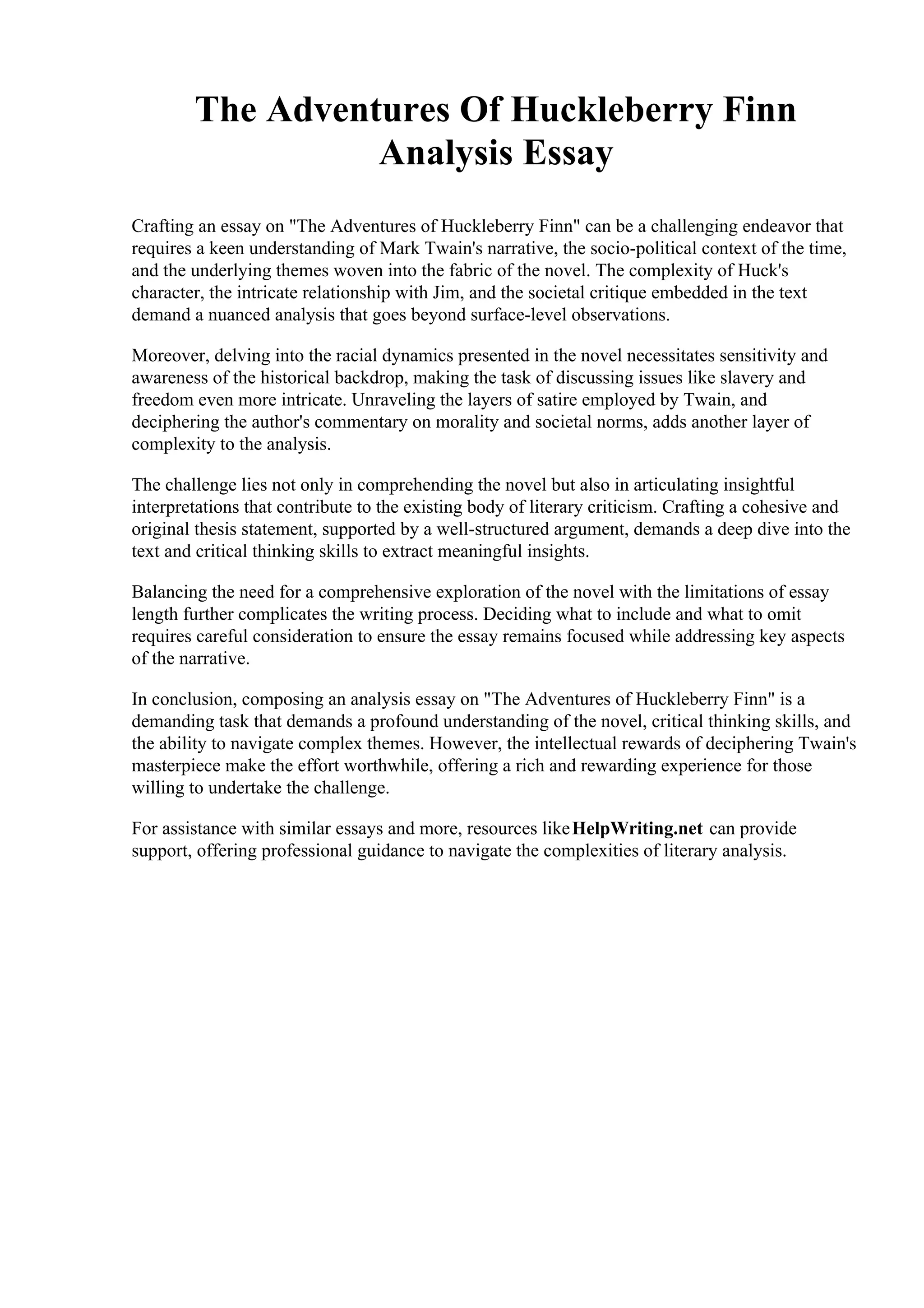 The Adventures Of Huckleberry Finn Analysis Essay.pdf | Fiction | Books ...