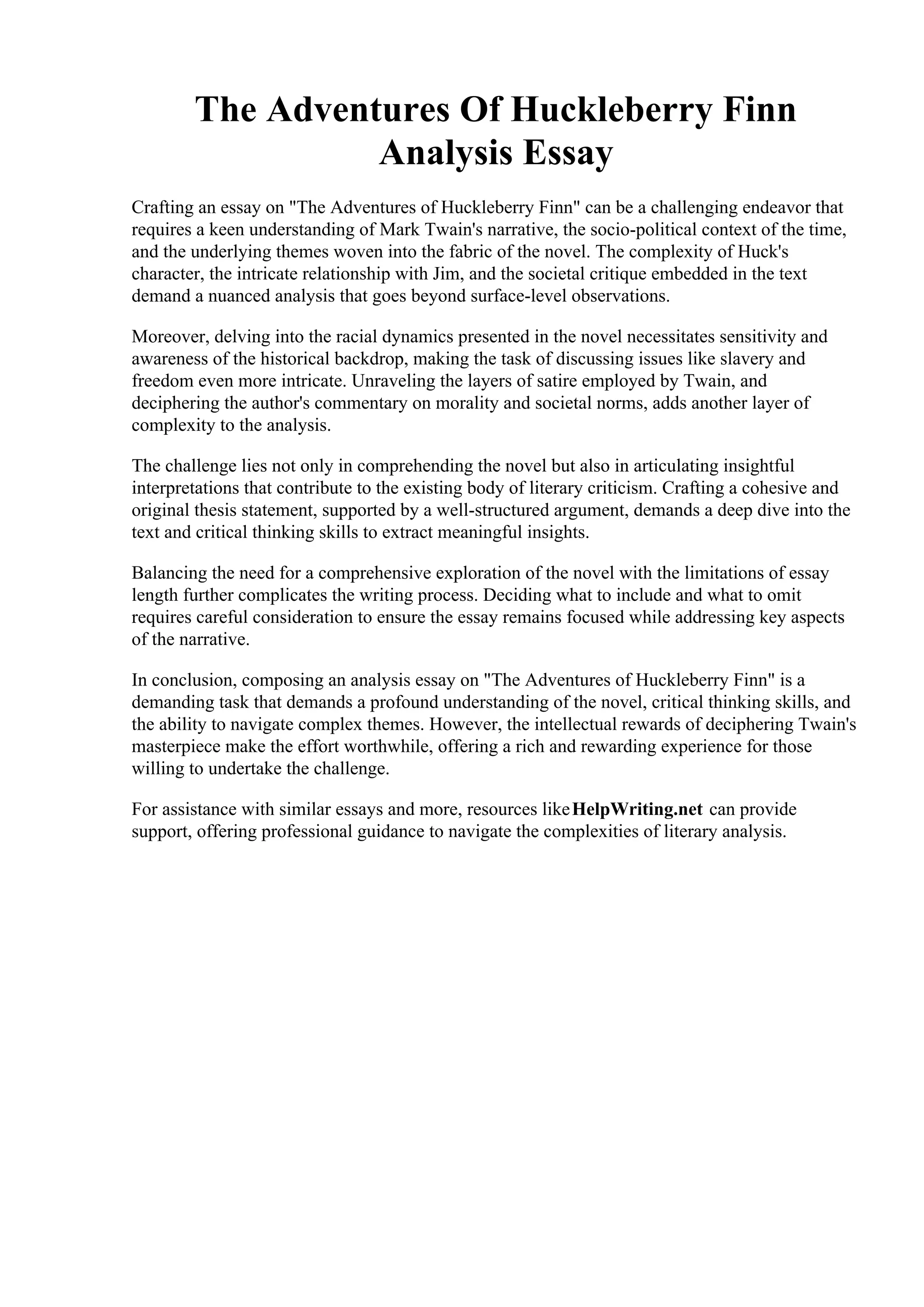 The Adventures Of Huckleberry Finn Analysis Essay.pdf