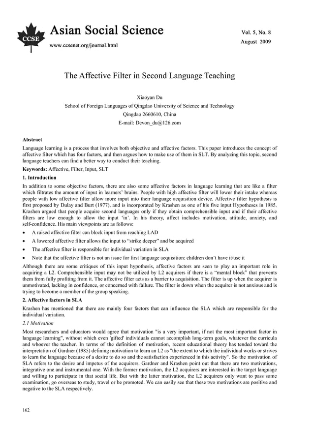 The affective filter in second language acquisition | PDF