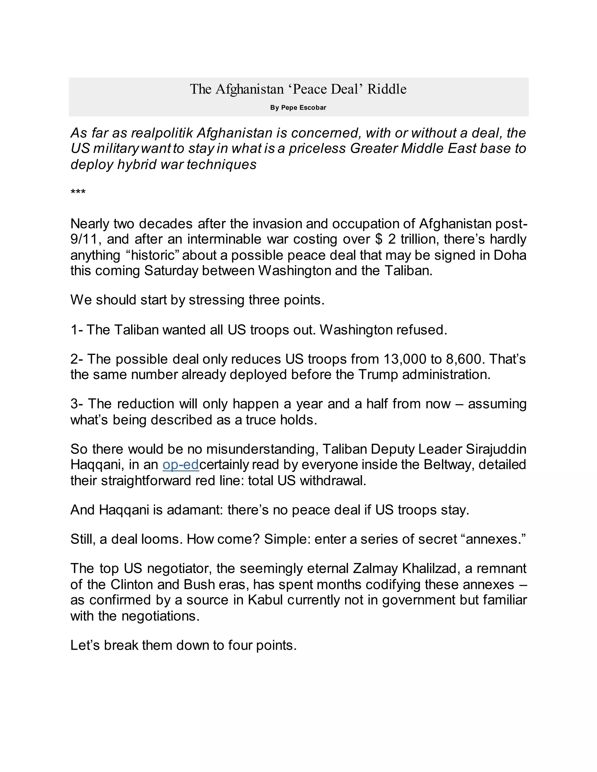 The Afghanistan Peace Deal riddle | DOCX