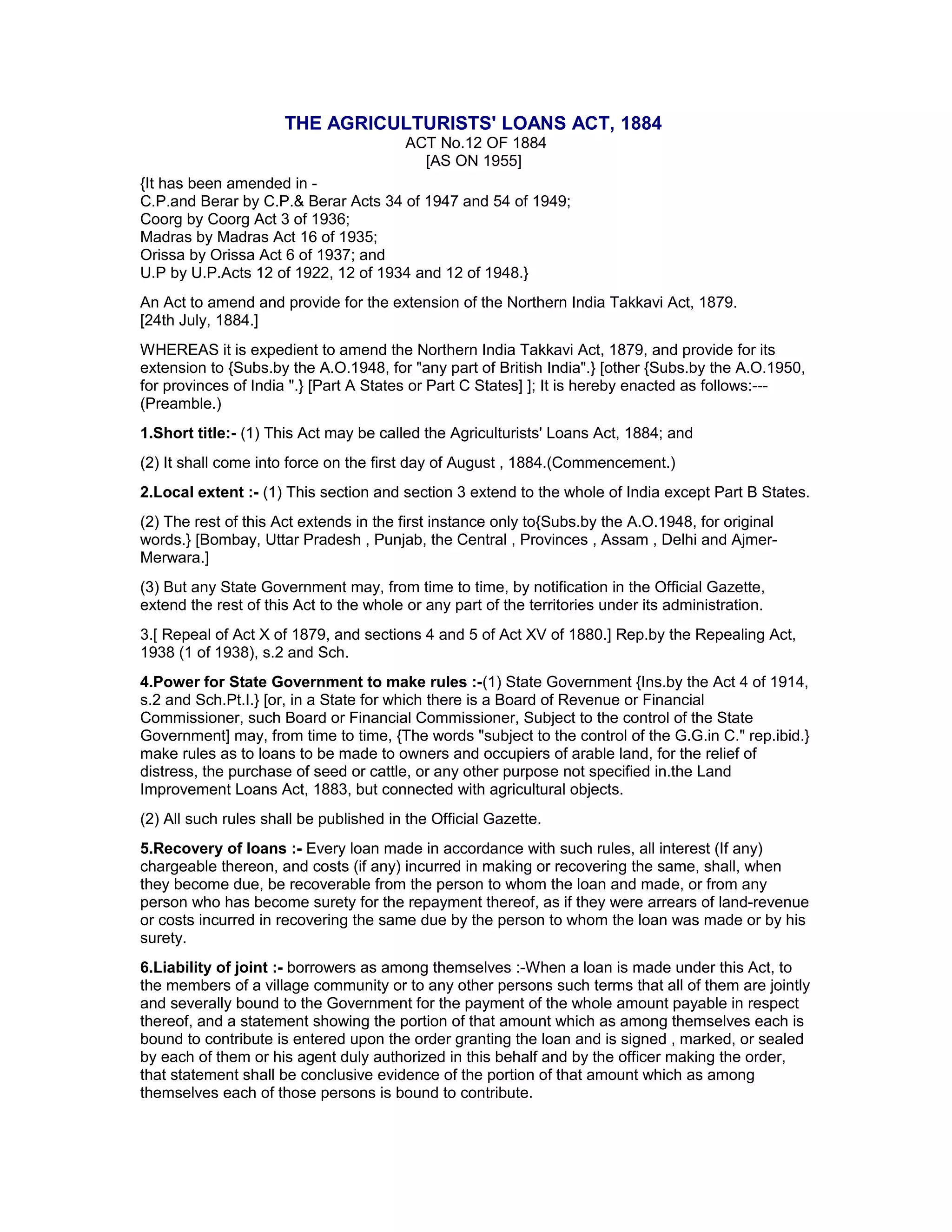 The agriculturists' loans act, 1884 | DOC