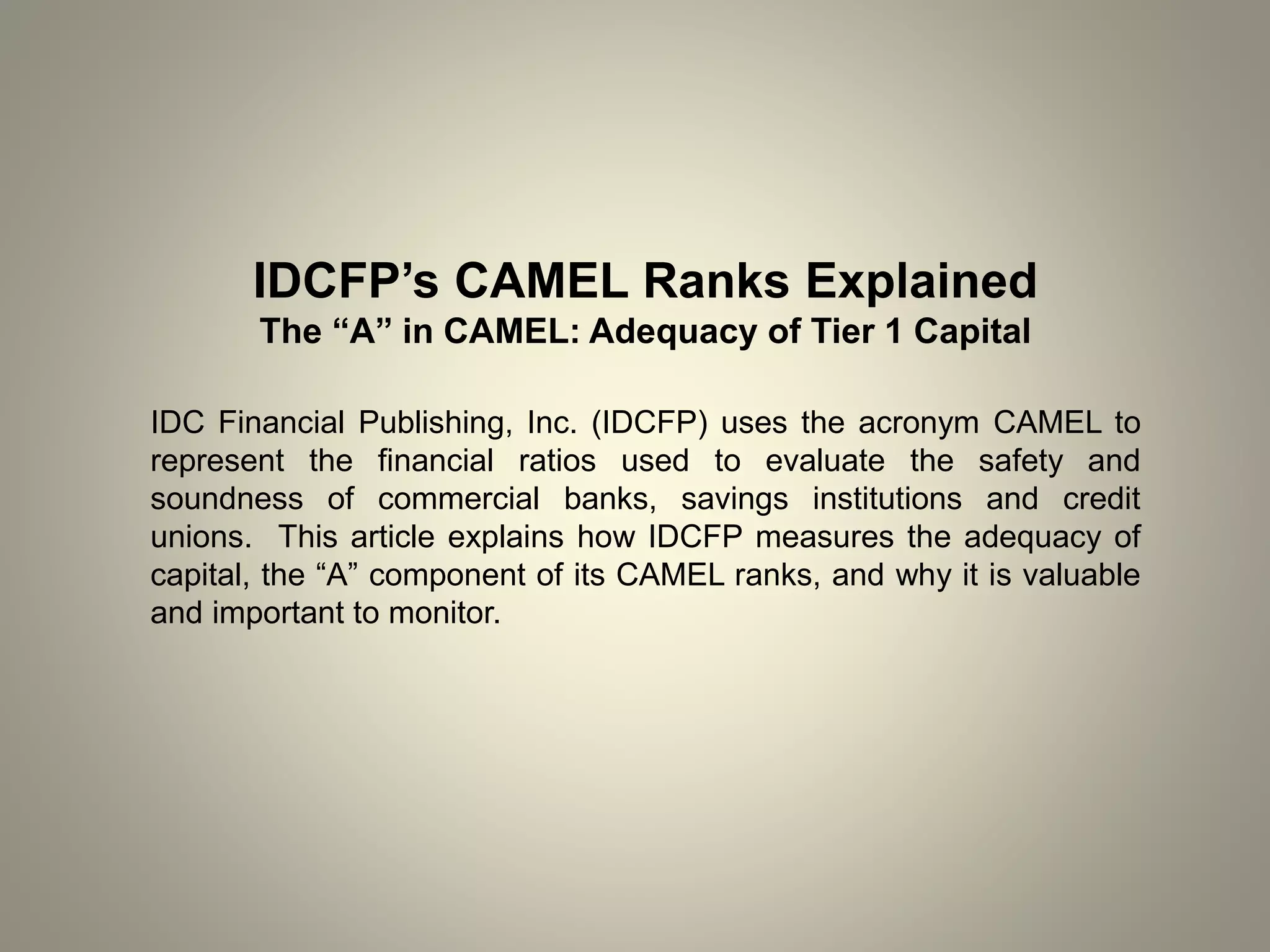 IDCFP’s CAMEL Ranks Explained - The “A” in CAMEL: Adequacy of Tier 1 ...