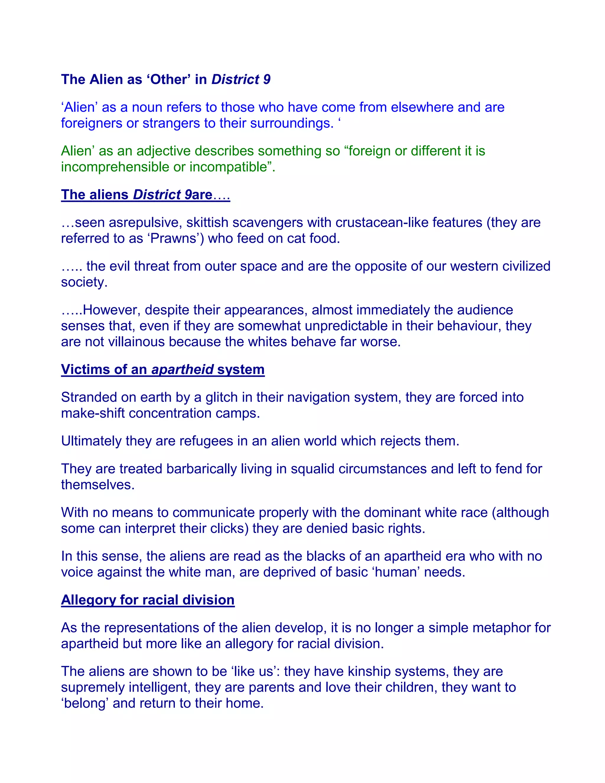 The alien as ‘other’ in district 9 | DOCX