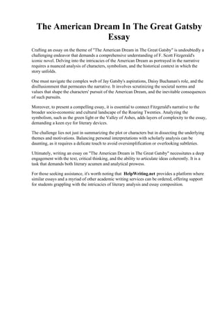 The American Dream In The Great Gatsby Essay | PDF