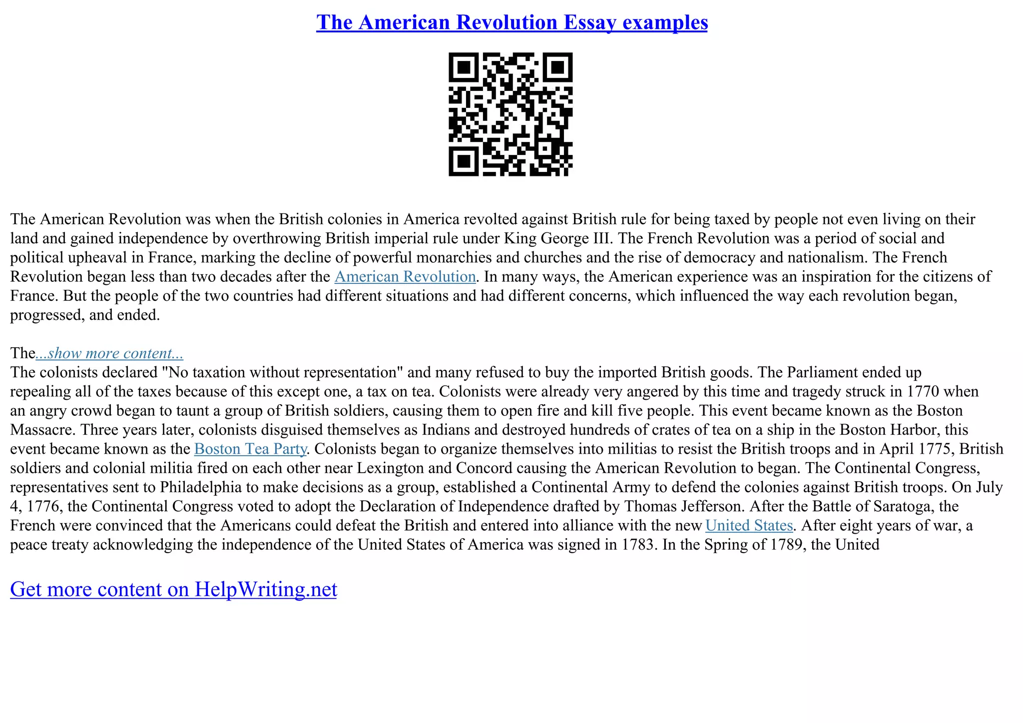 The American Revolution Essay Examples | PDF | Political Issues ...