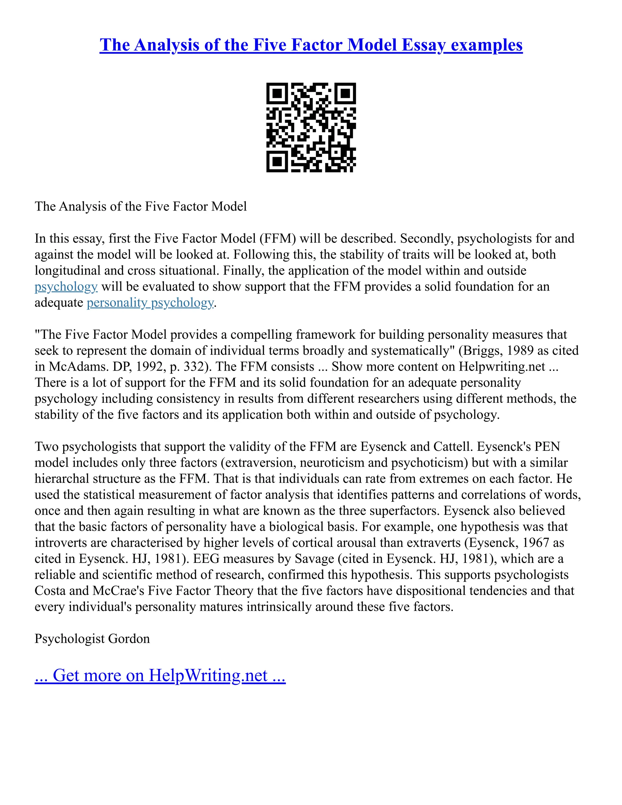 The Analysis Of The Five Factor Model Essay Examples | PDF