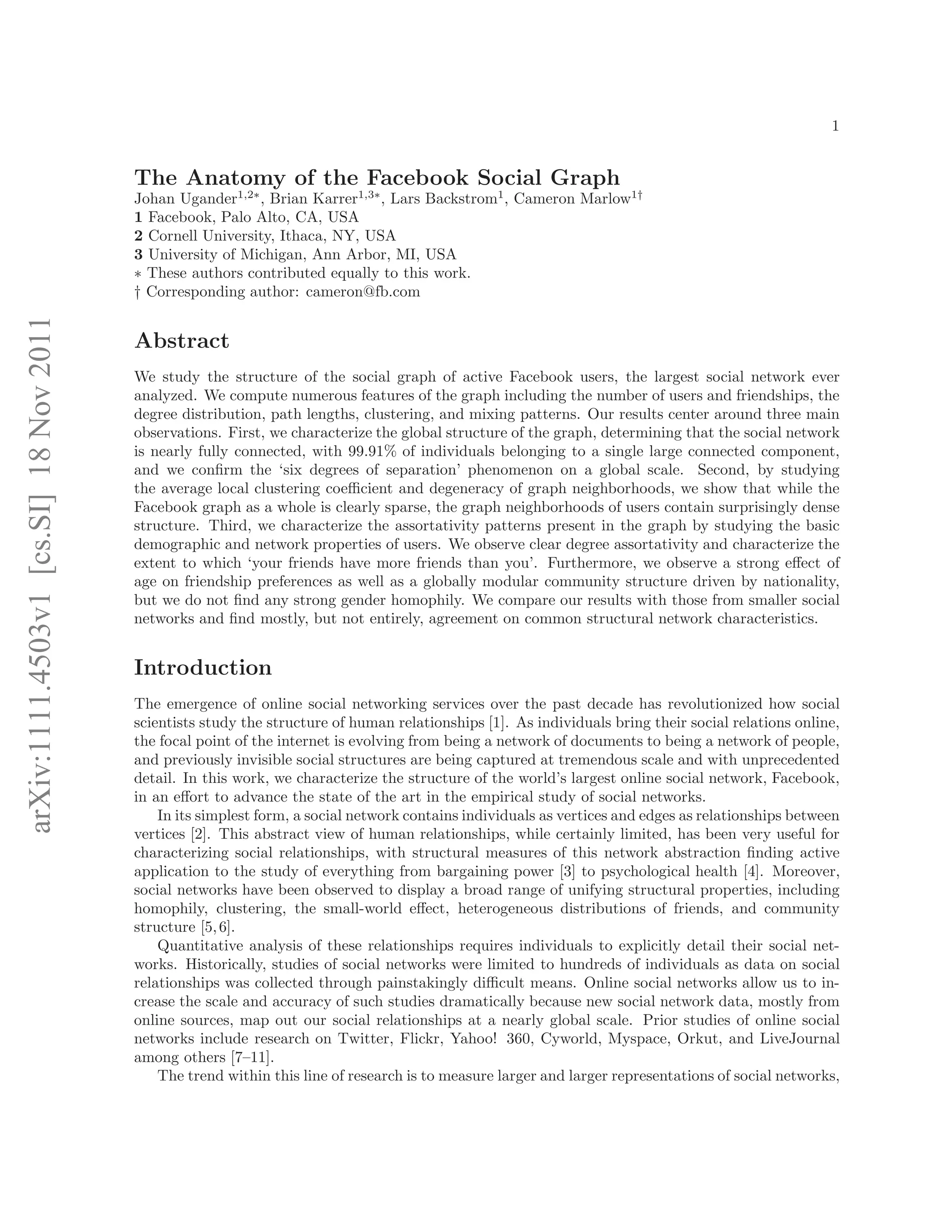 The anatomy of the Facebook social graph | PDF