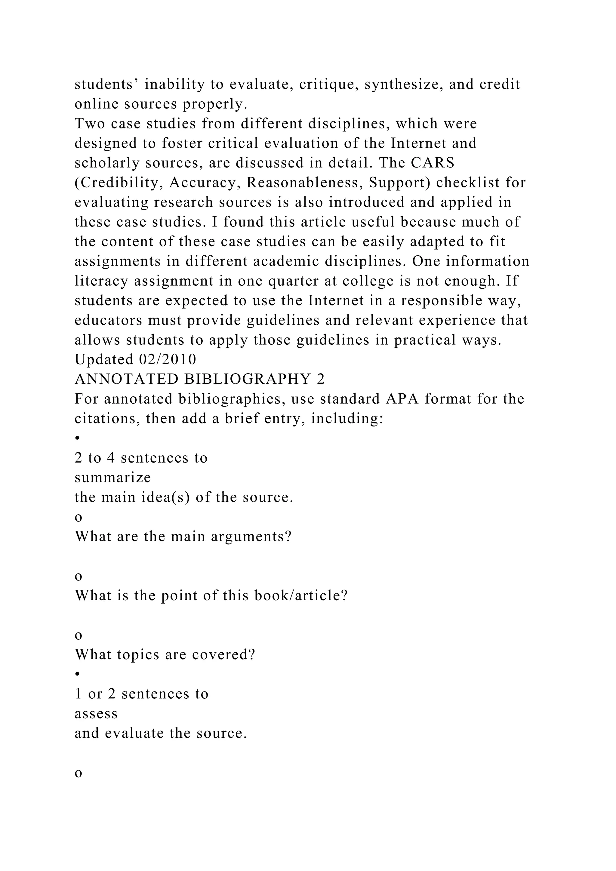 The annotated bibliography for your course is now due. The annotated.docx