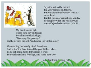 The Ant and the Cricket Poem adapted from Aesop's Fable | PPTX