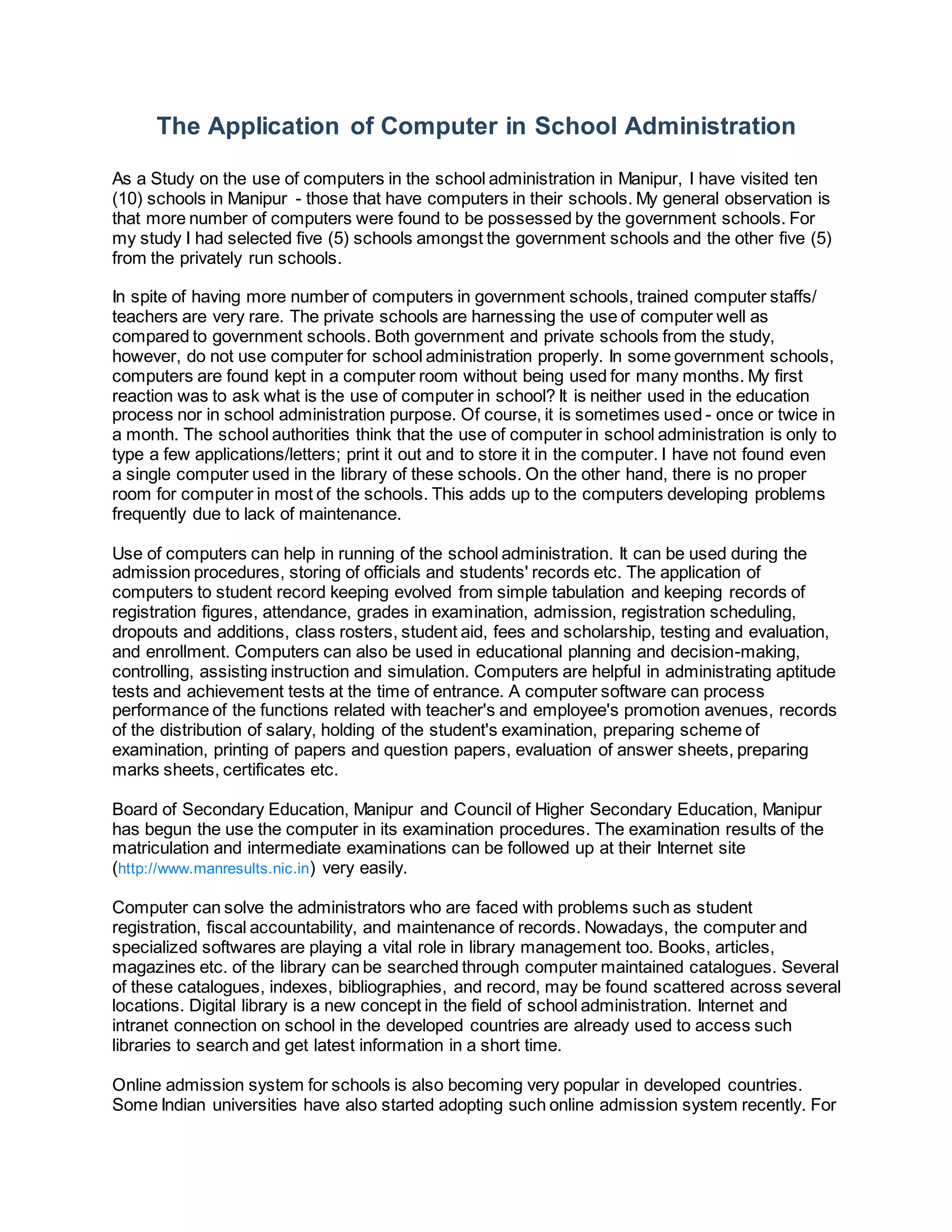 The application of computer in school administration | DOCX