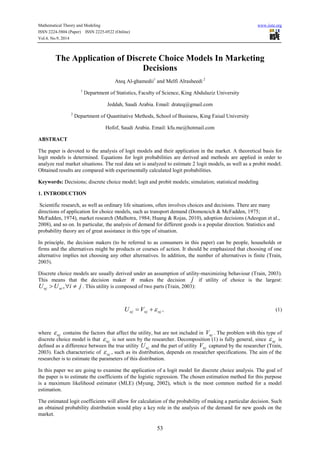 The application of discrete choice models in marketing | PDF