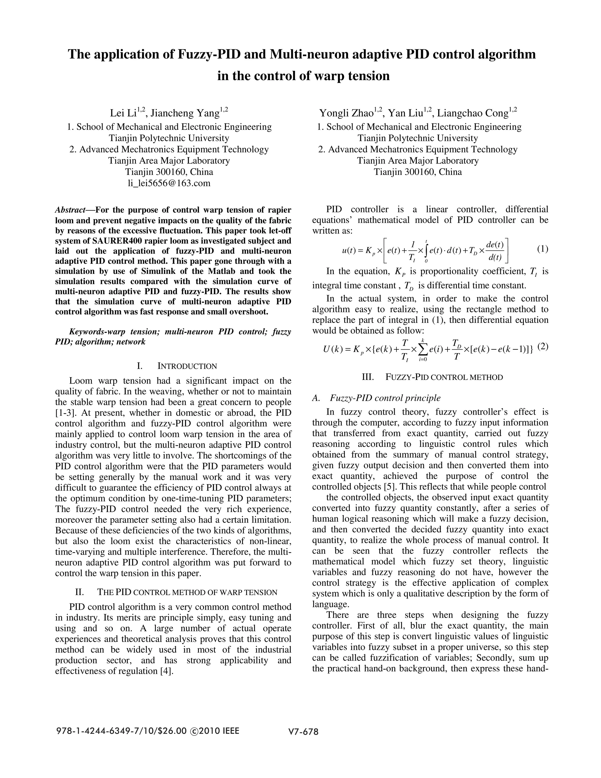 The Application Of Fuzzy Pid And Multi Neuron Adaptive Pid Control Algorithm In The Control Of 
