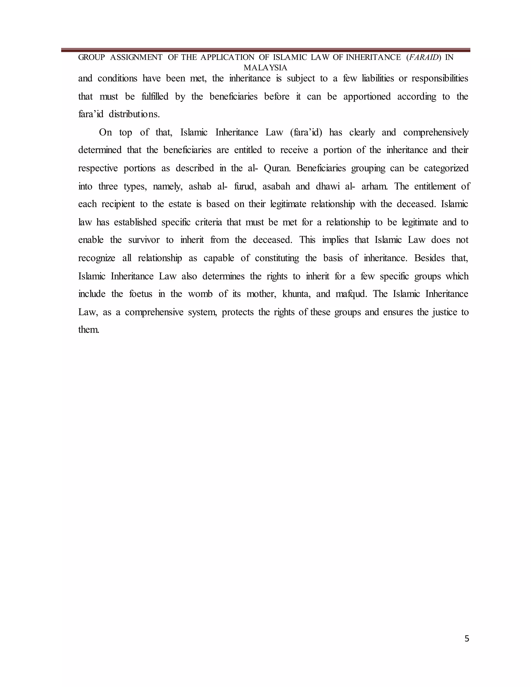 Islamic law of inheritance (faraid) in malaysia | DOCX