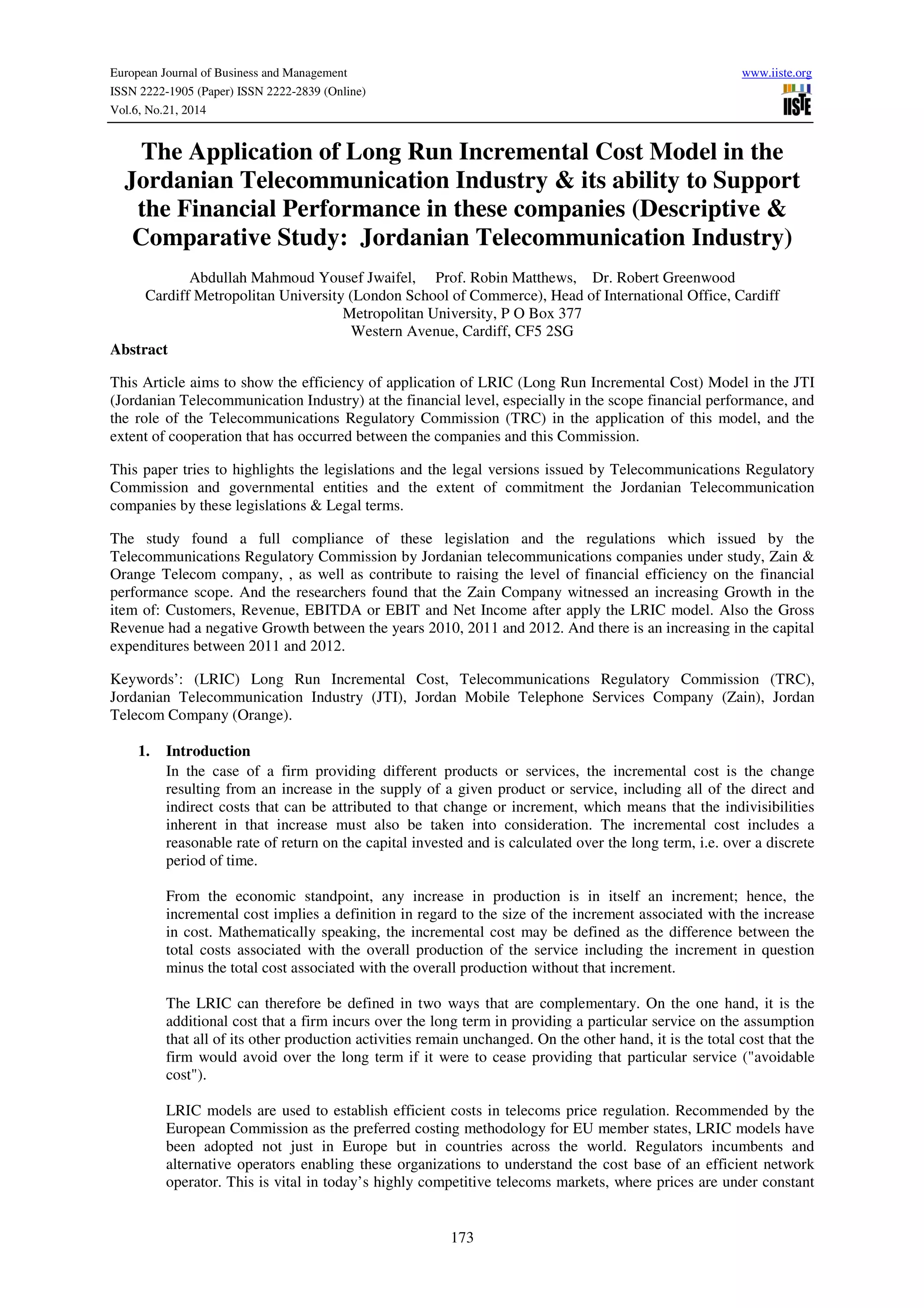 The application of long run incremental cost model in the | PDF