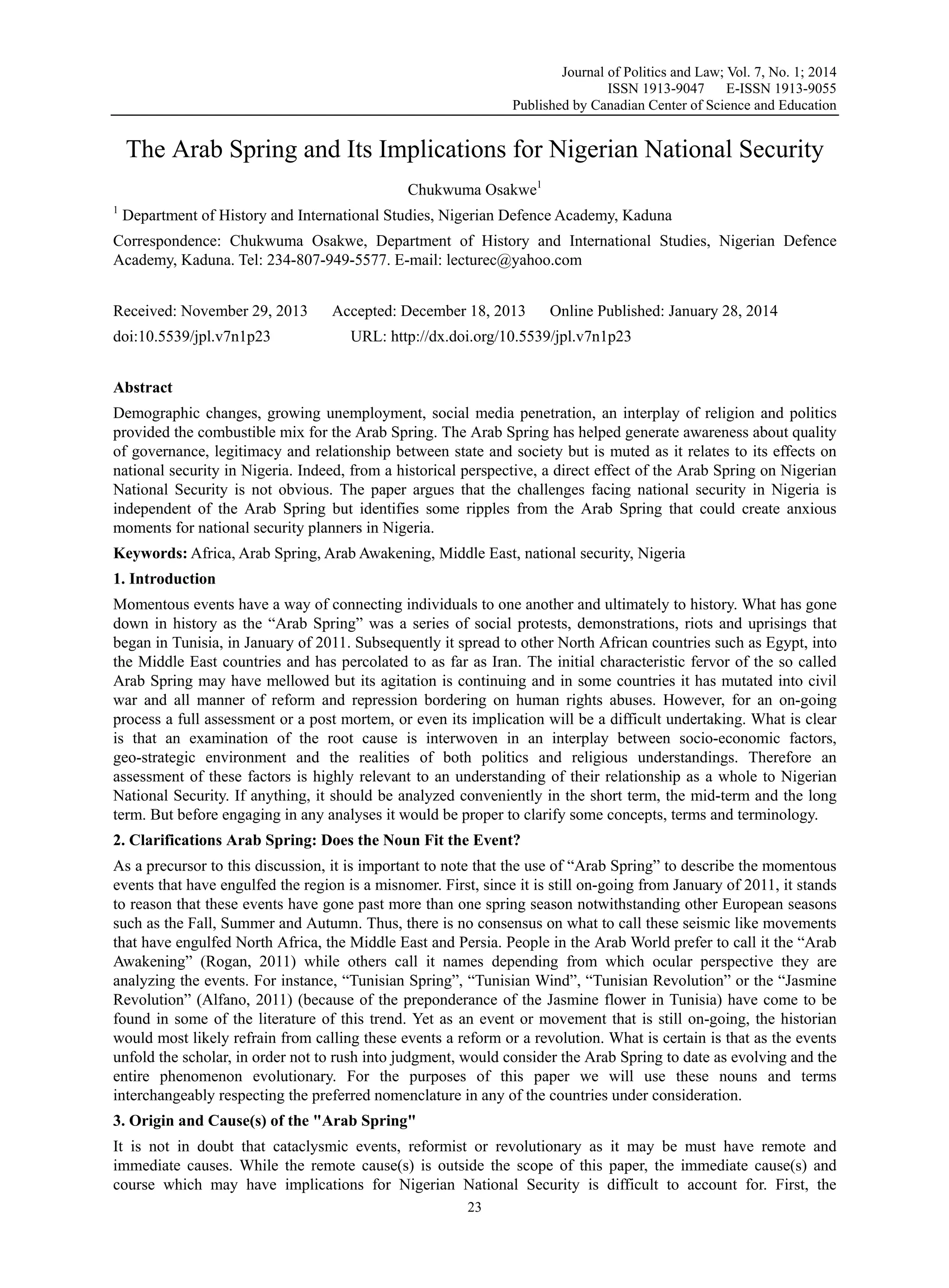 The arab spring and its implications for nigerian national security ...