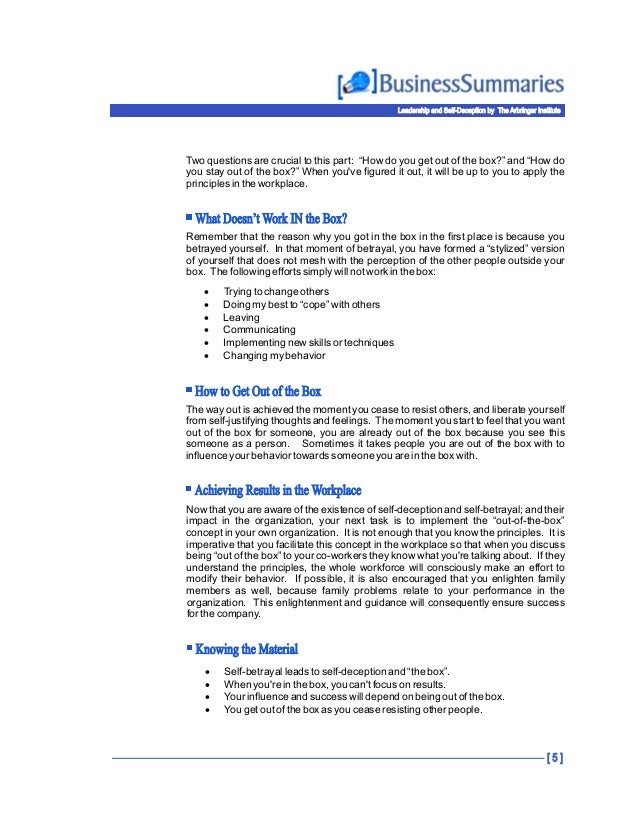 The arbinger institute leadership and self deception getting out of t…