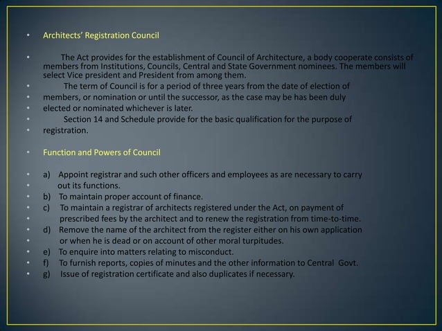 The architects act, 1972 | PPTX | Professional School | Postgraduate ...
