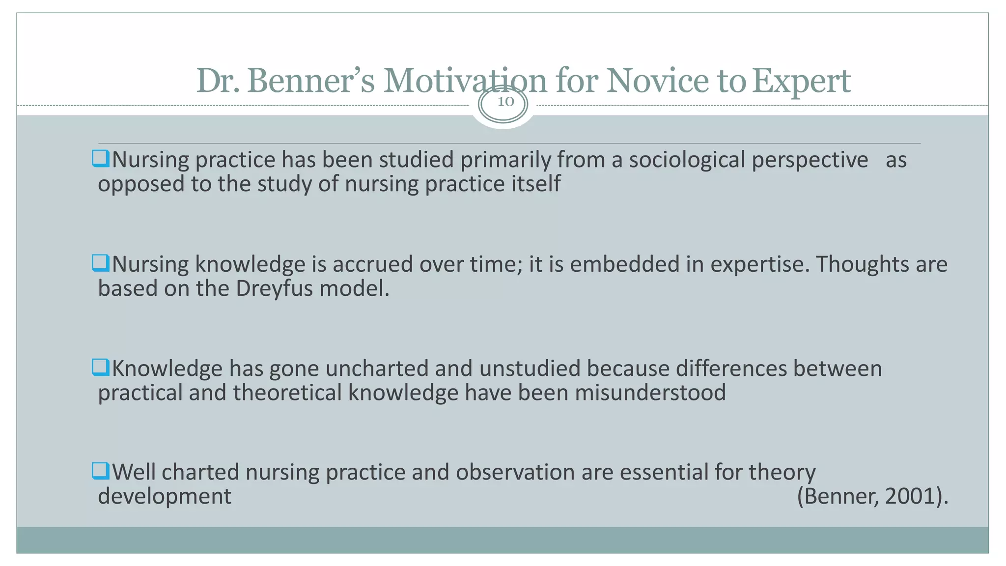 .Dr. Patricia Benner novice to expert theory | PPTX