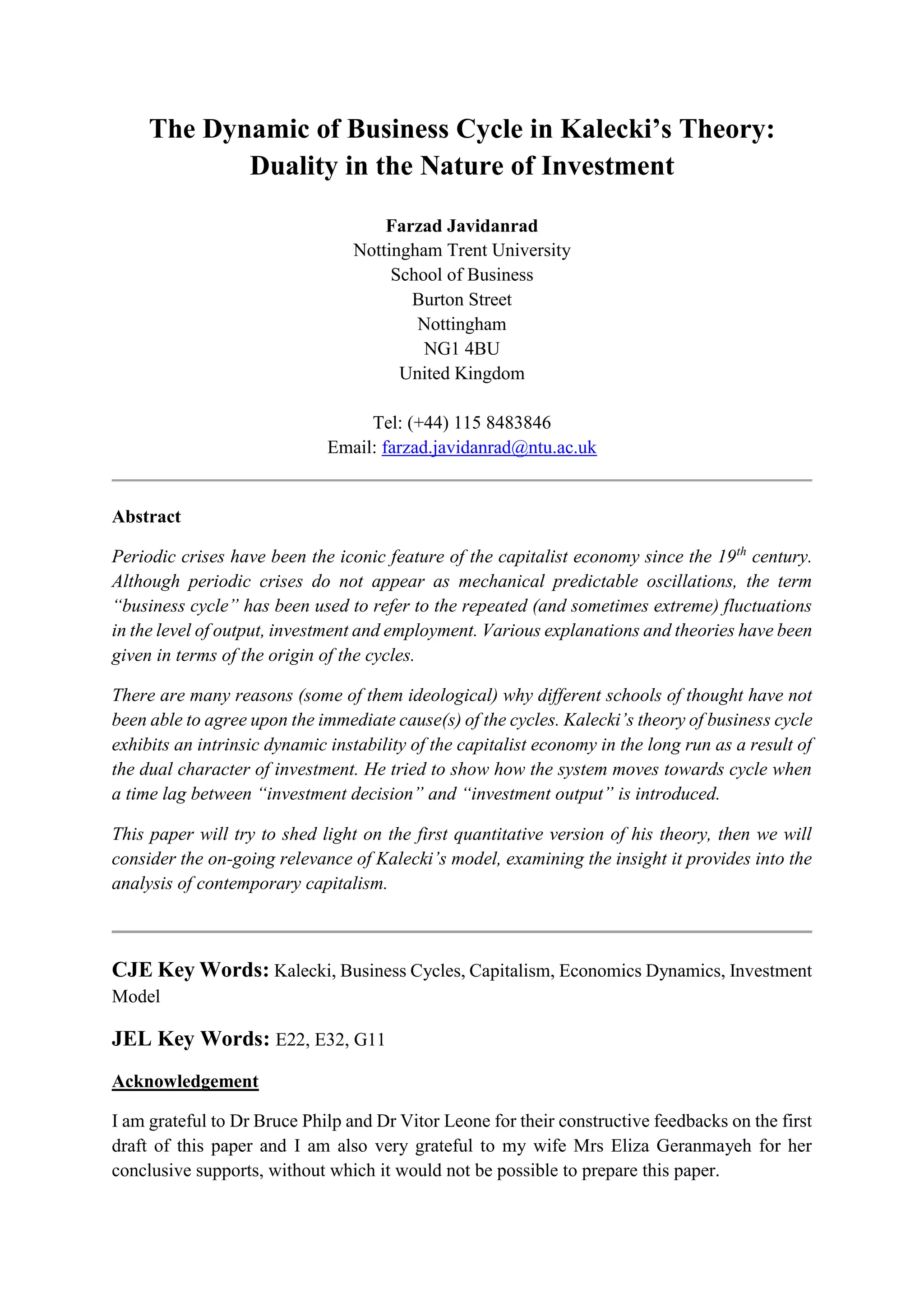 The Dynamic of Business Cycle in Kalecki’s Theory: Duality in the ...