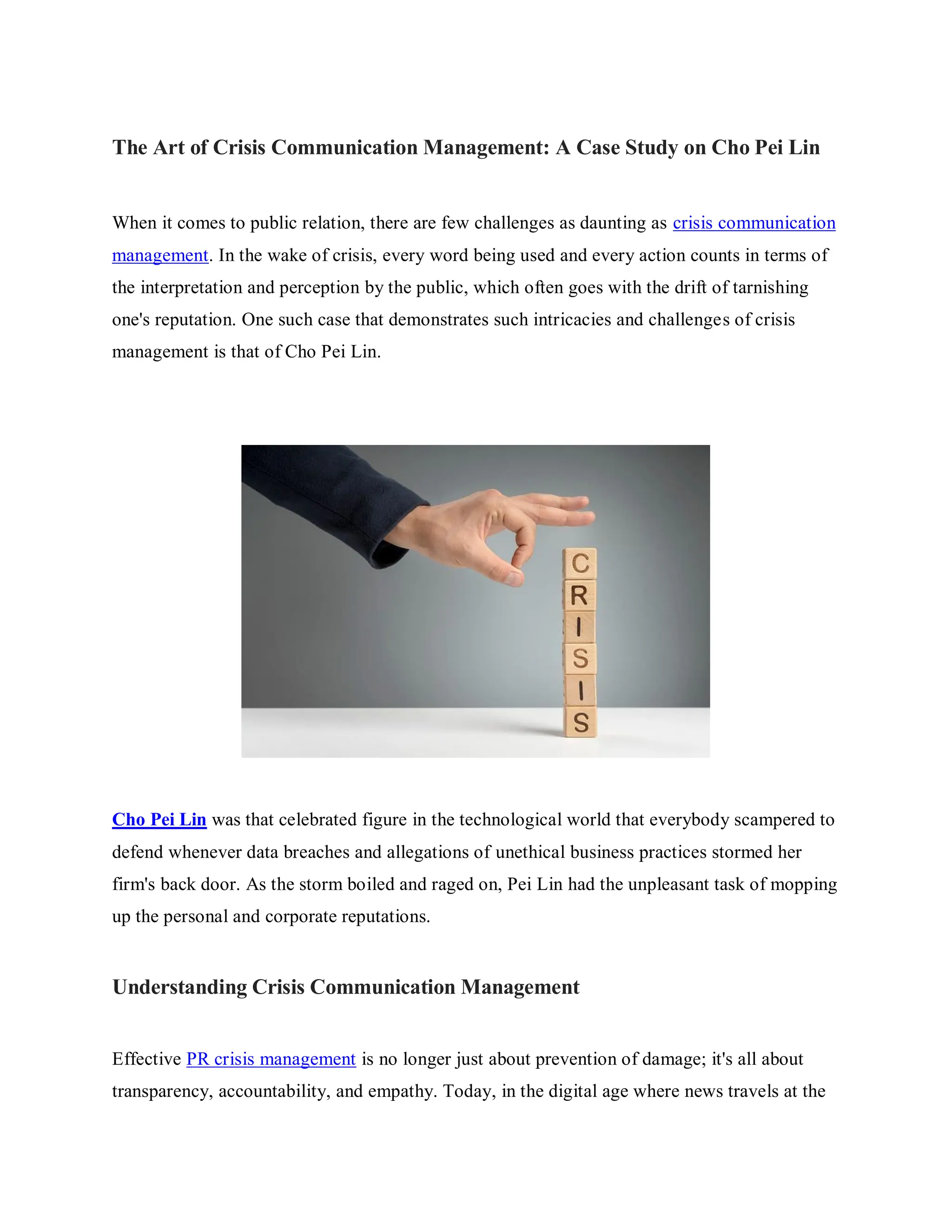 Crisis Communication Management Case Study: Insights from Cho Pei Lin | PDF