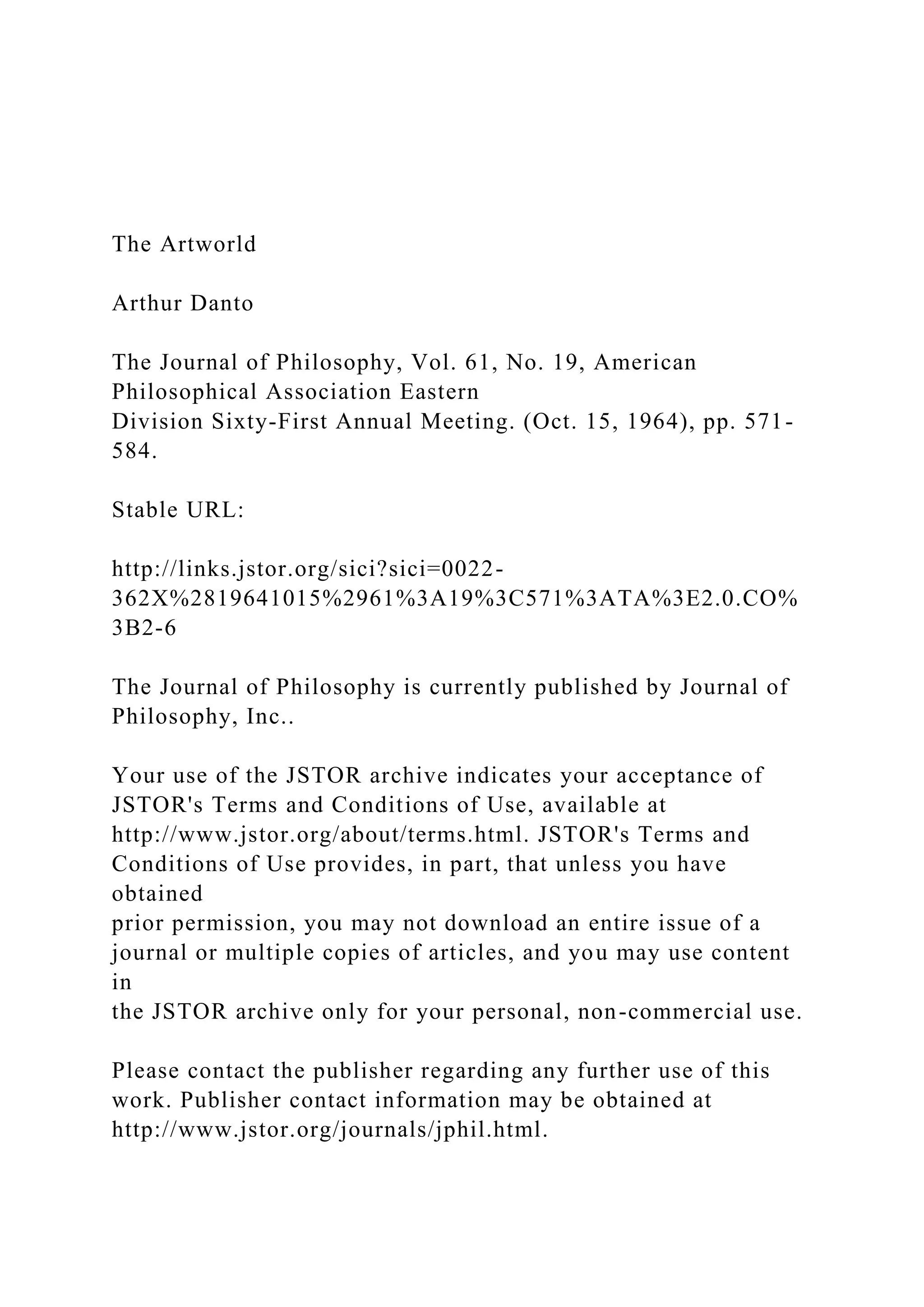 The ArtworldArthur DantoThe Journal of Philosophy, Vol.docx