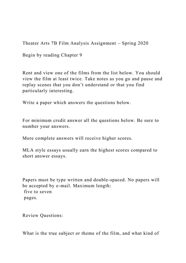 Theater Arts 7B Film Analysis Assignment – Spring 2020Begin .docx ...