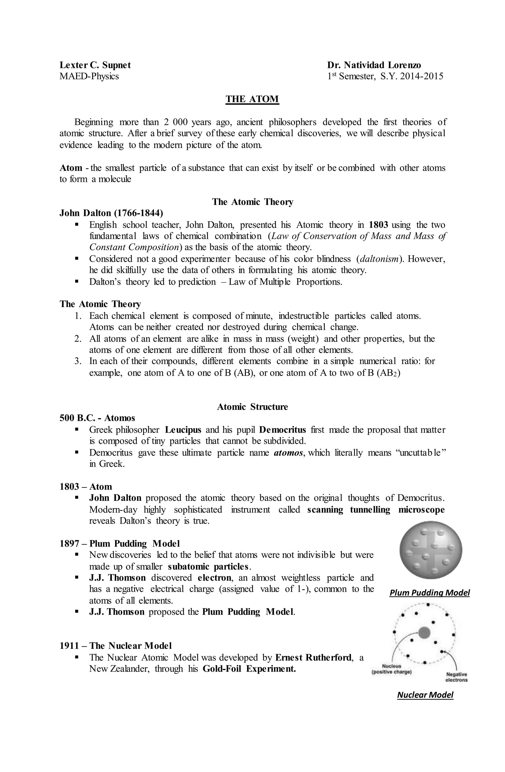 The atom (handouts) | DOCX