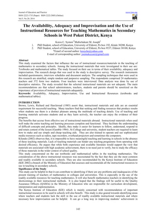 The availability, adequacy and improvisation and the use of instructional resources for teaching ...