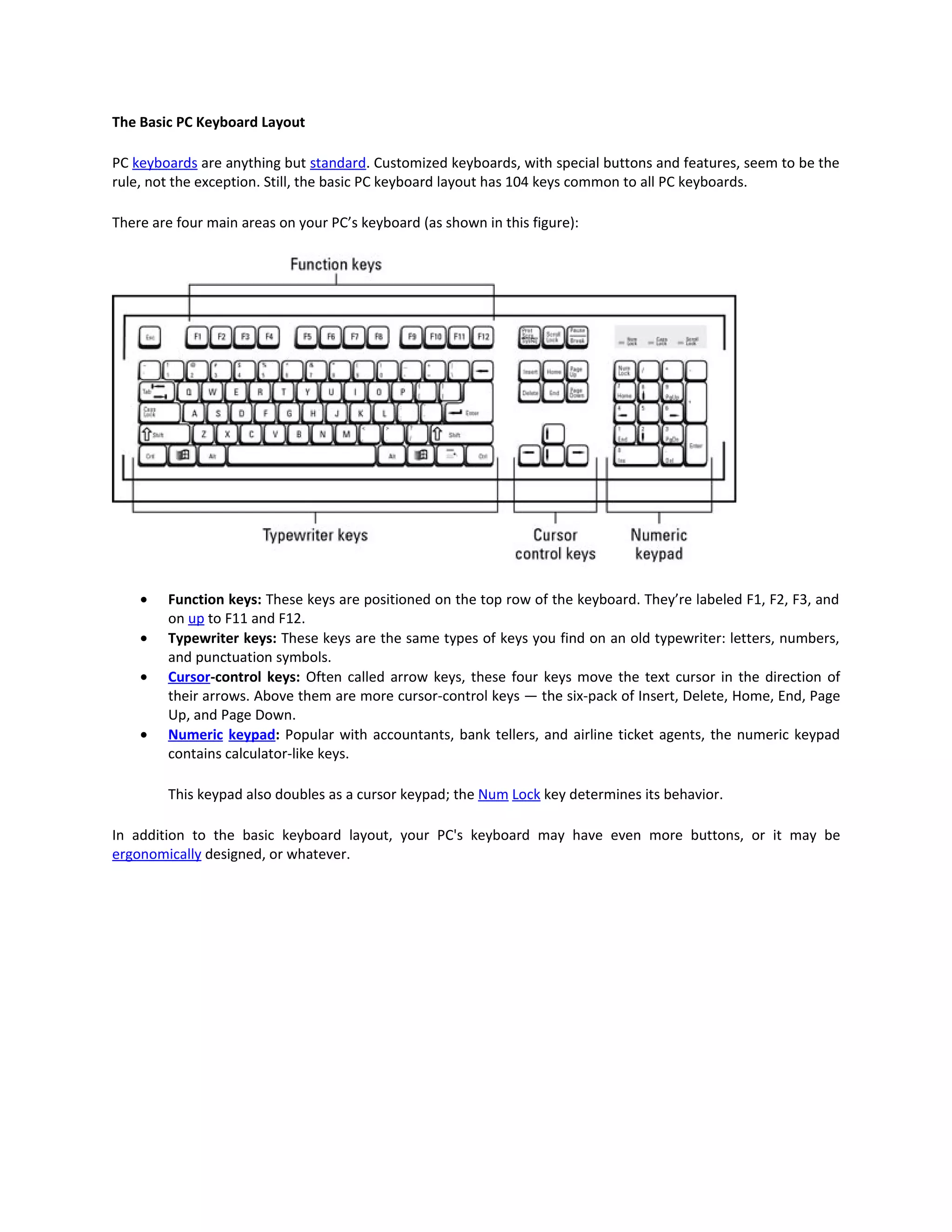 The basic pc keyboard | DOC | Computer Peripherals | Computing