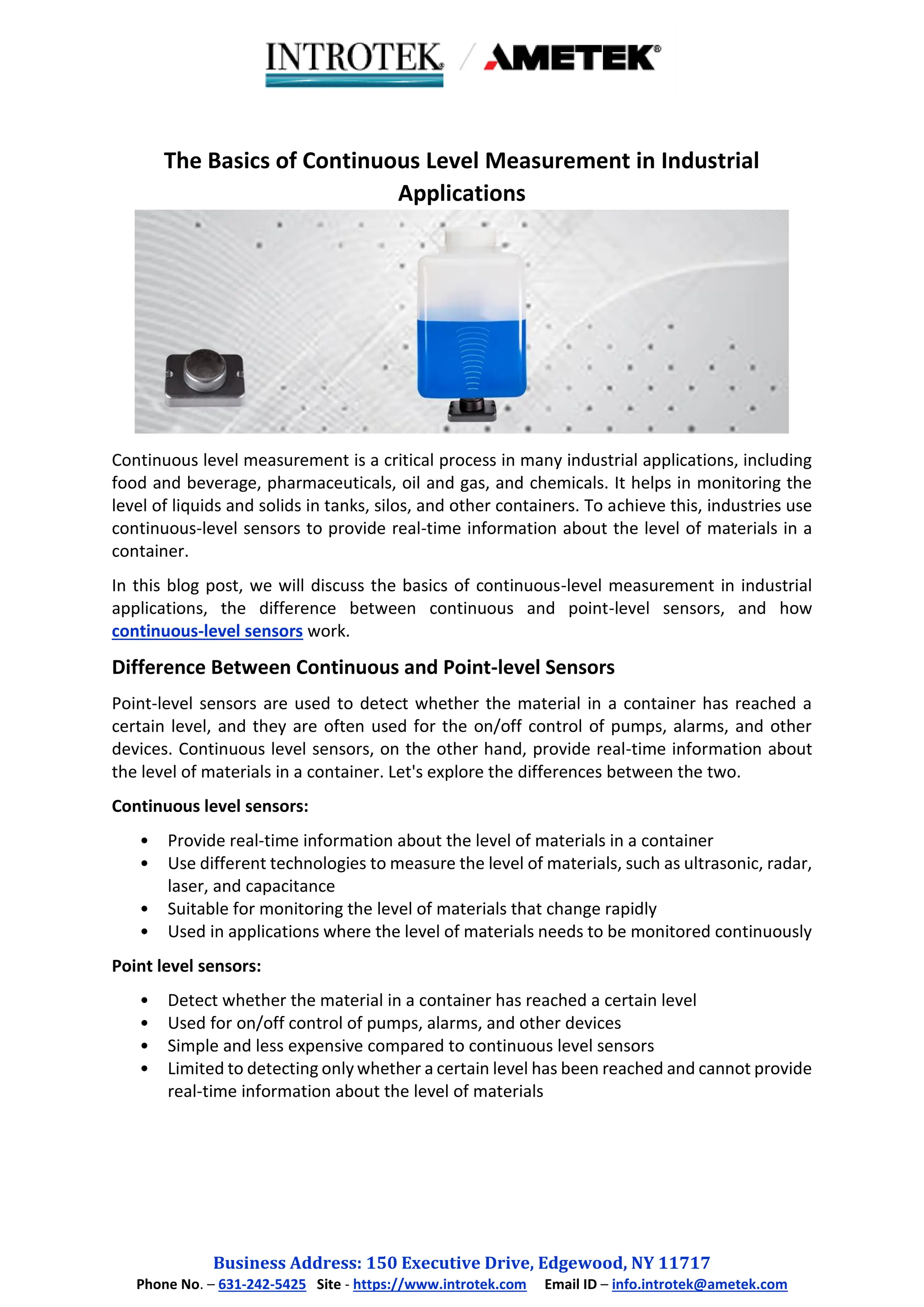 The Basics of Continuous Level Measurement in Industrial Applications | PDF
