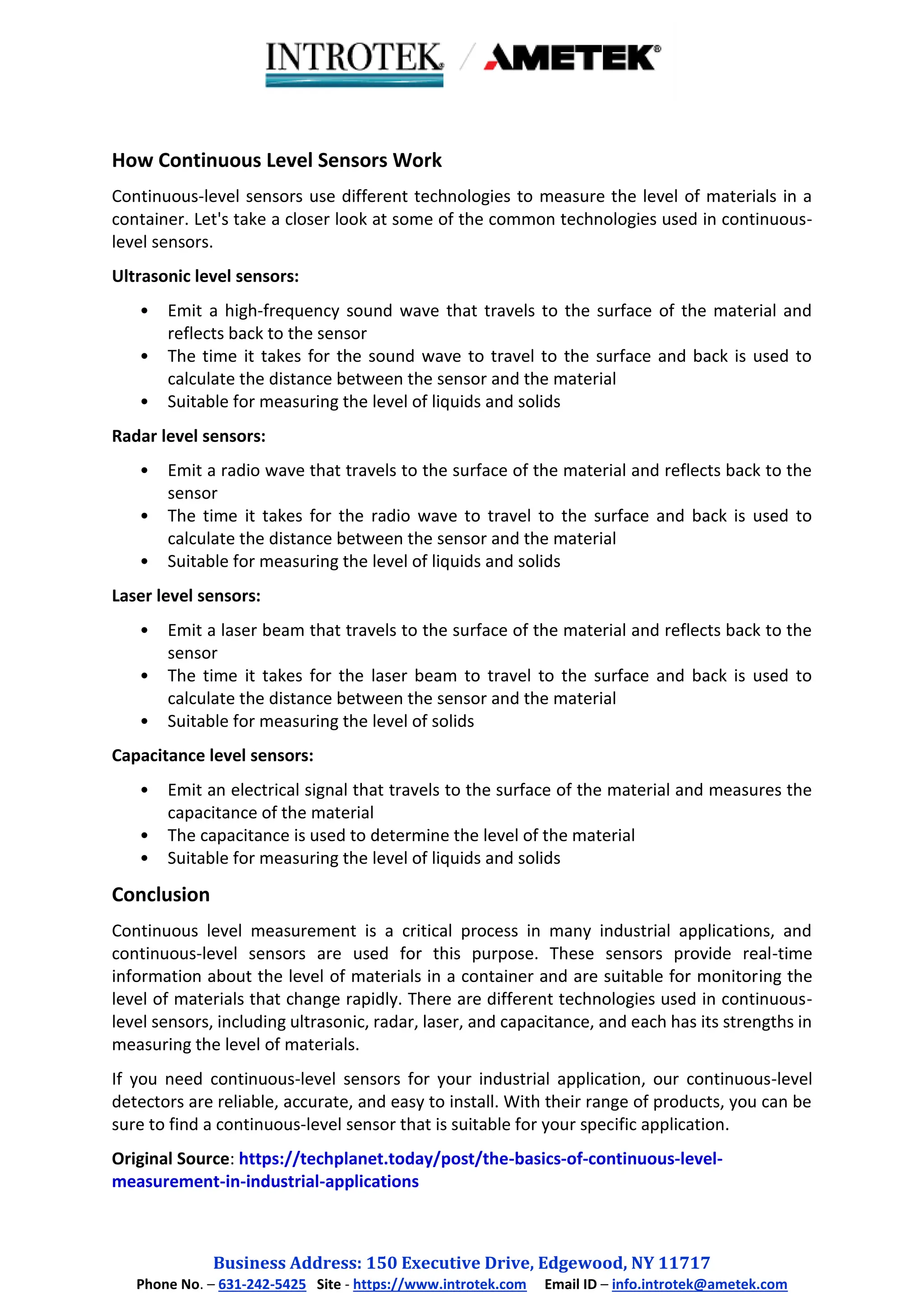 The Basics of Continuous Level Measurement in Industrial Applications | PDF