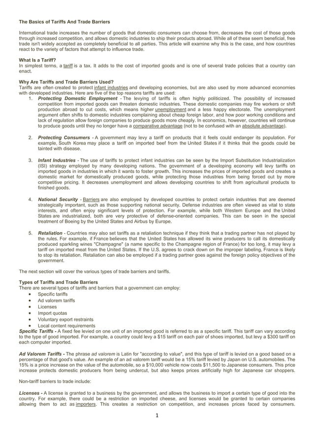 The basics of tariffs and trade barriers | PDF | Commodities | Economy