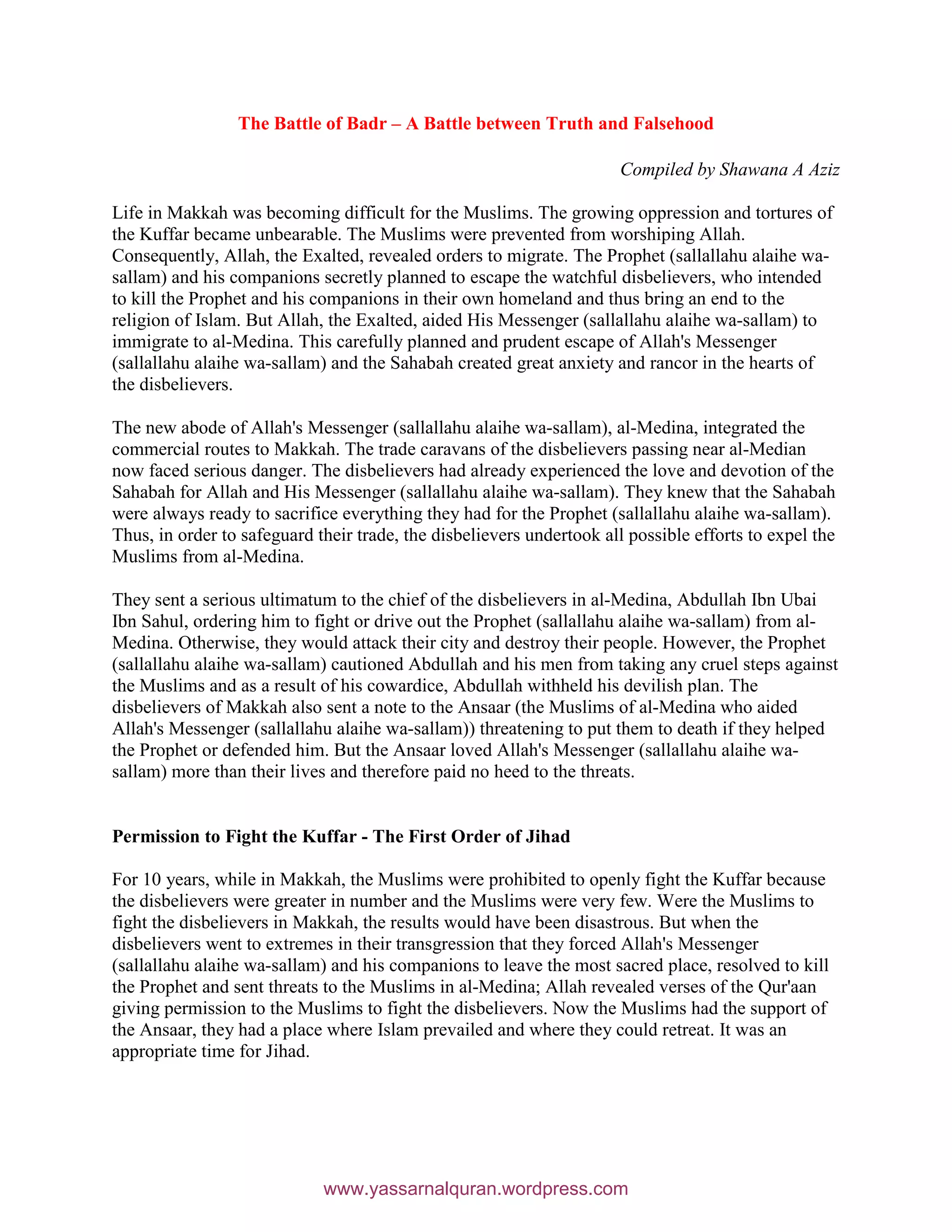 Battle of Badr: History and Lessons | PDF