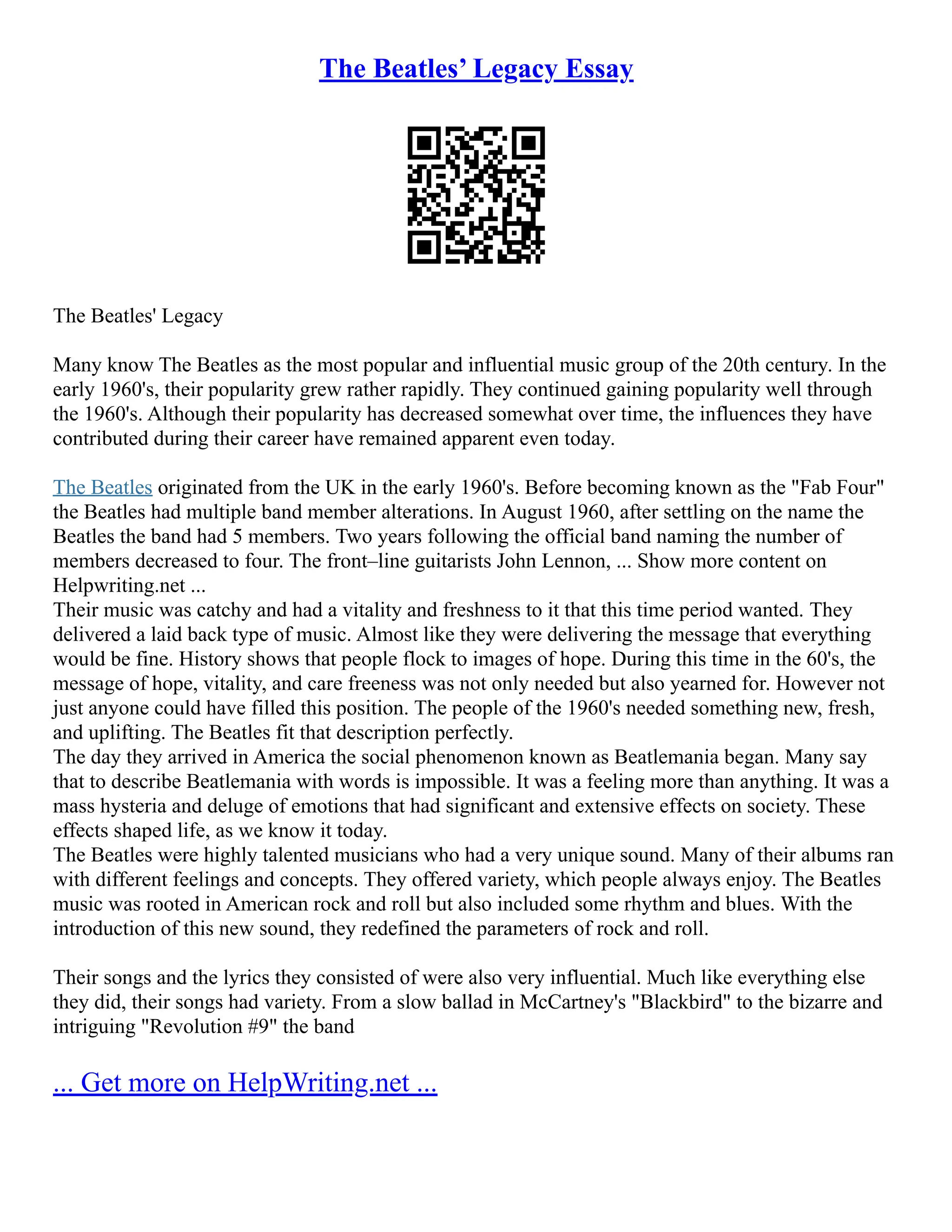 The Beatles’ Legacy Essay | PDF | Classic Rock | Rock Music