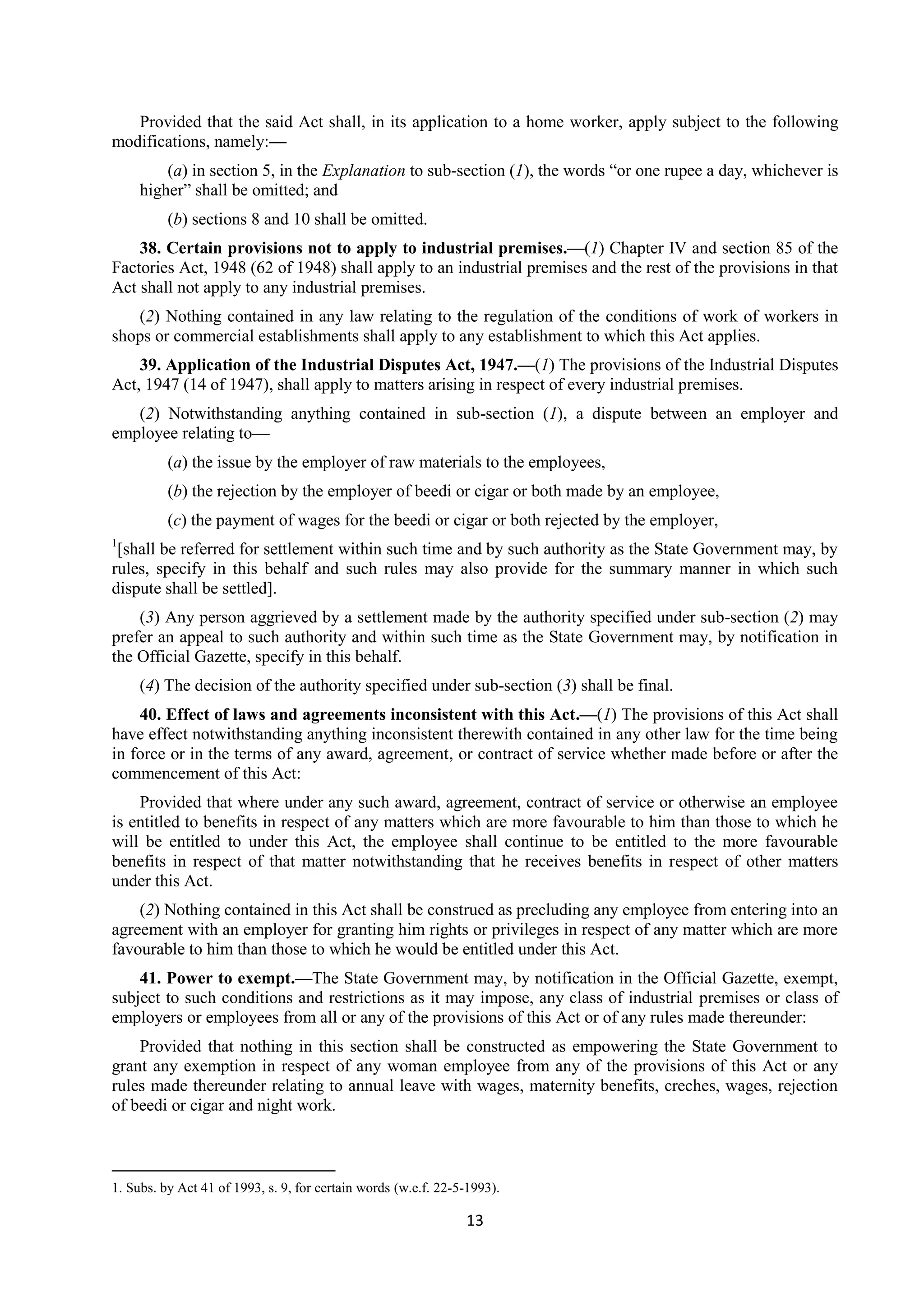 The beedi and cigar workers (conditions of employment) amendment act, 1993 | PDF