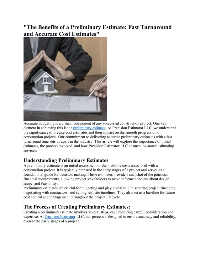 The Benefits of a Preliminary Estimate Fast Turnaround and Accurate ...