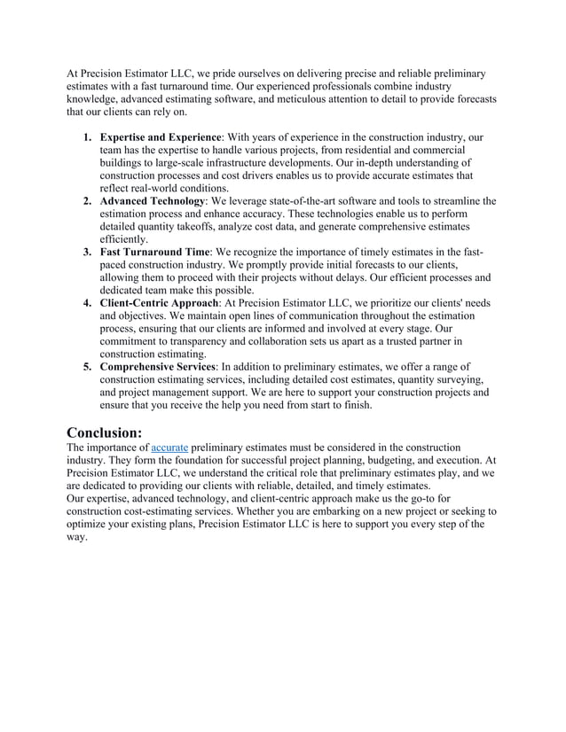 The Benefits of a Preliminary Estimate Fast Turnaround and Accurate ...