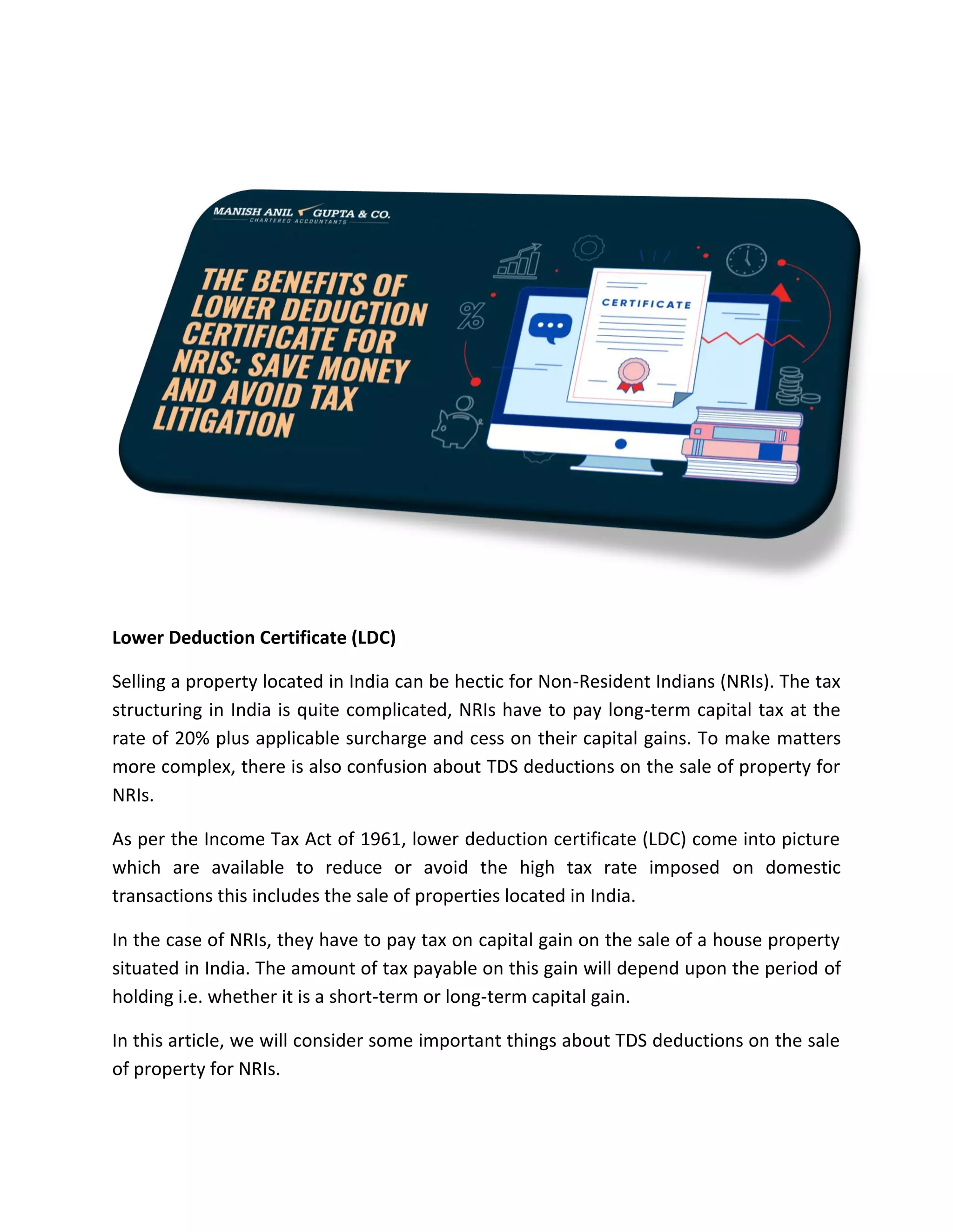 The Benefits of Lower Deduction Certificate for NRIs: Save Money and Avoid Tax Litigation | PDF