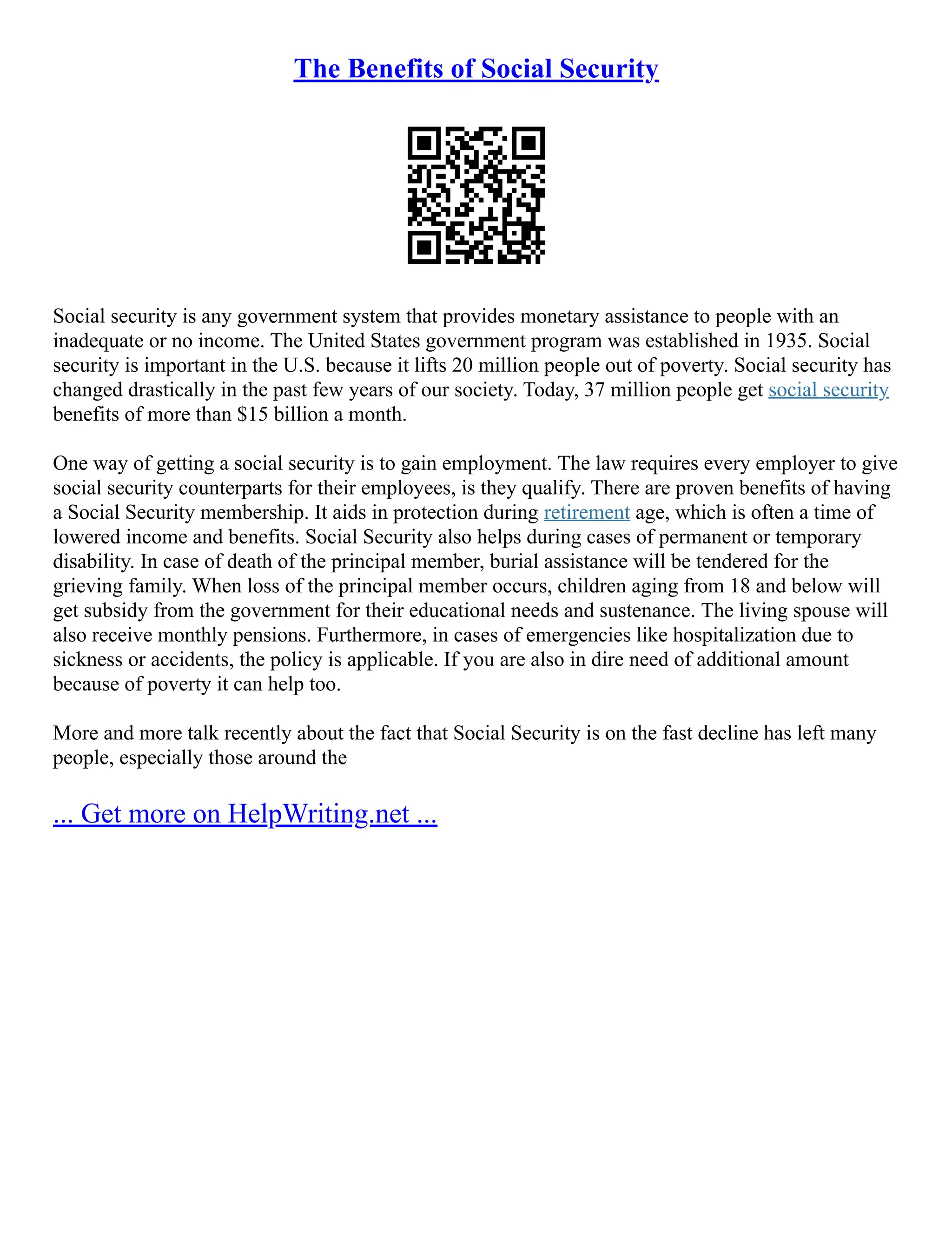 The Benefits Of Social Security | PDF